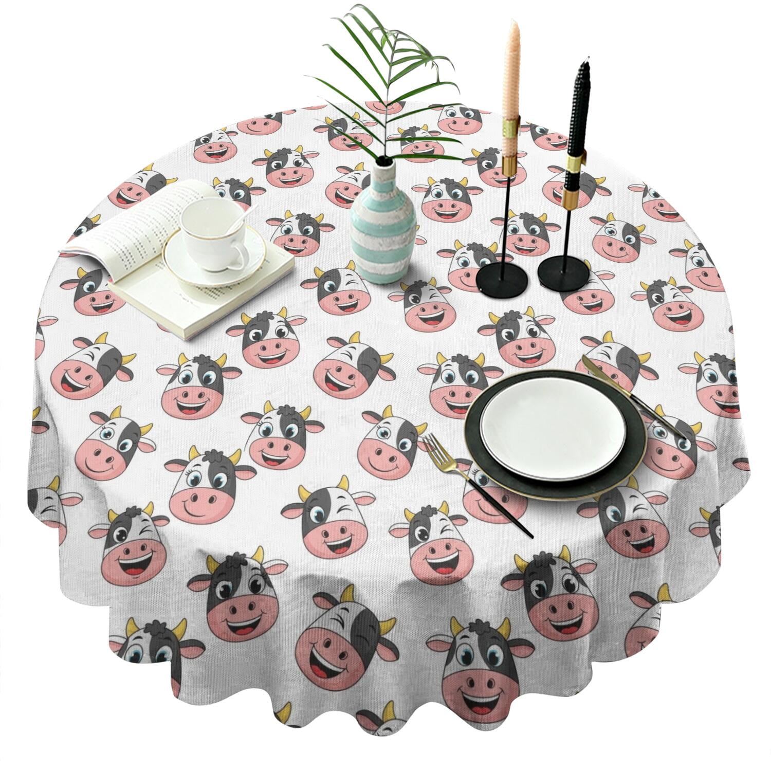 White Cow Smile Pattern Round Tablecloth 60"x60",Wrinkle Wipeable Table ...