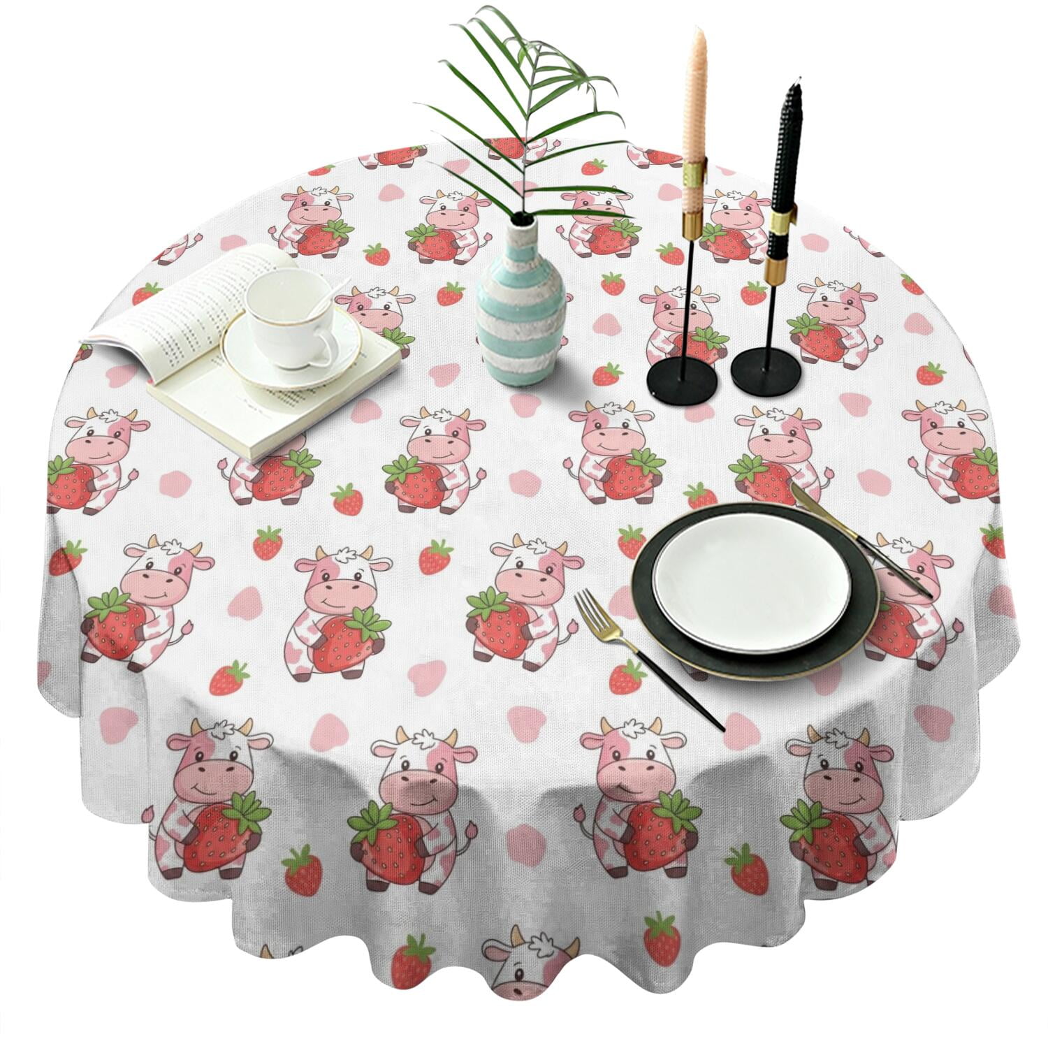 White Cow Strawberry Cow Pattern Round Tablecloth 60"x60",Wrinkle ...