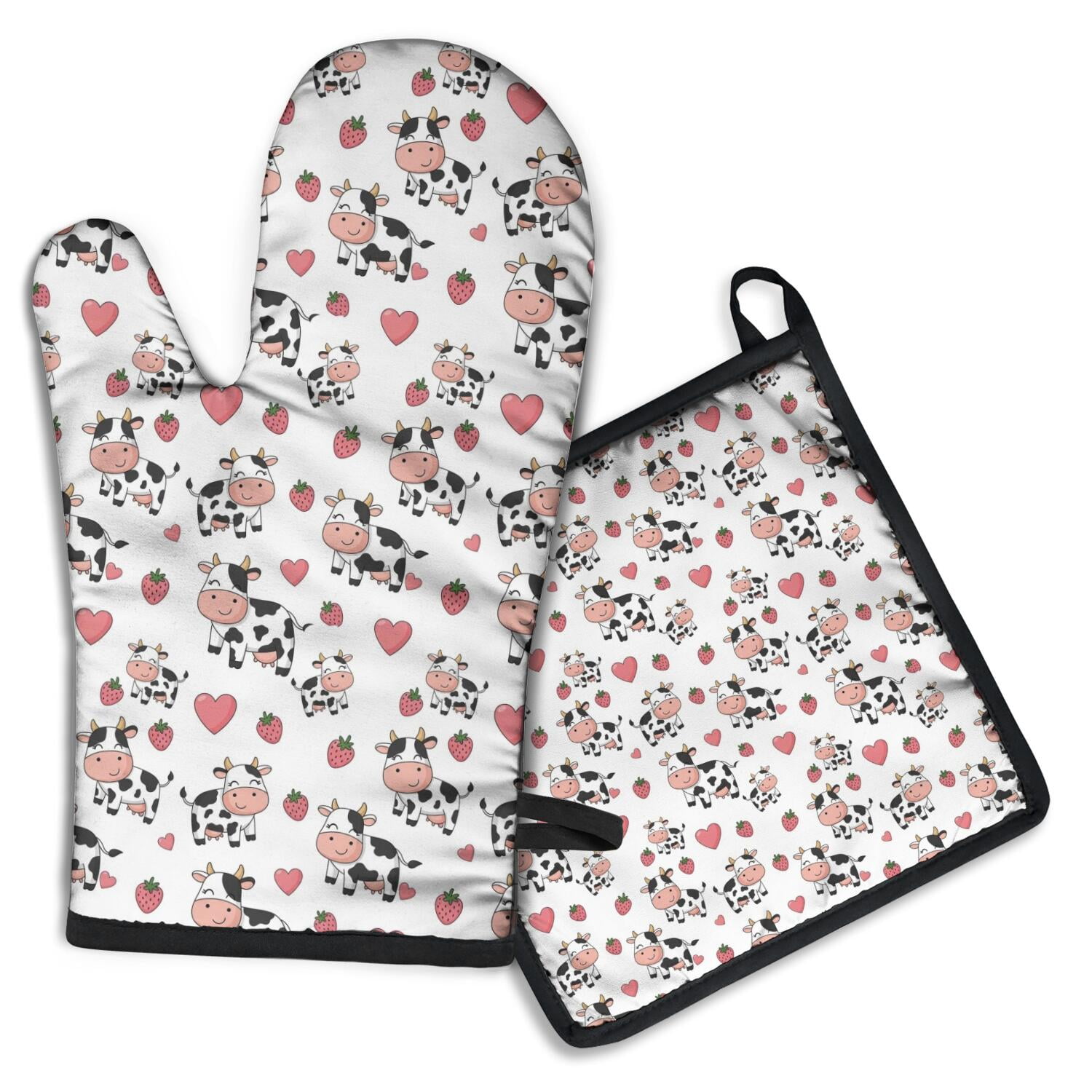 White Cow Strawberry Heart Pattern Kitchen Oven Mitt and Pot Holder ...