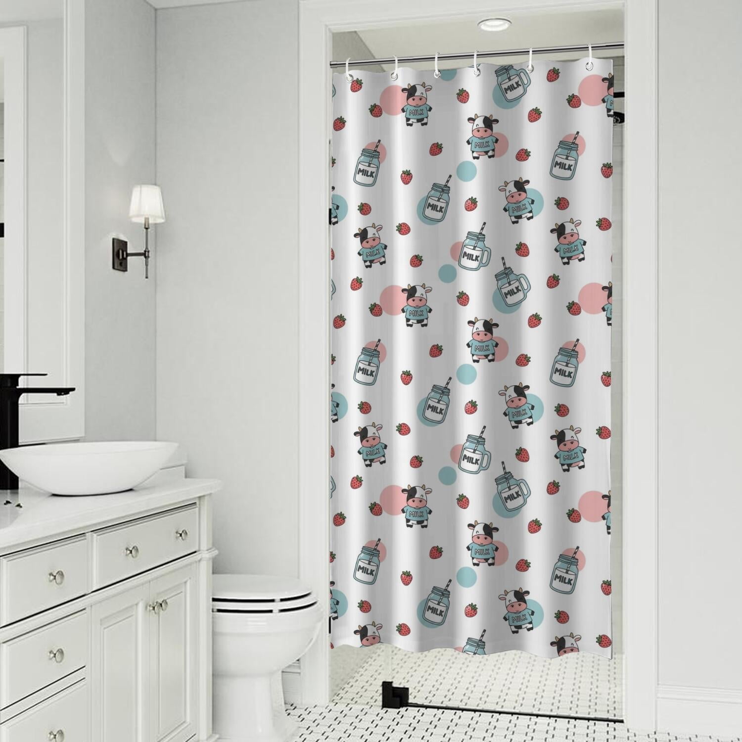 White Cow Strawberry Milk Jar Pattern Shower Curtain 36"x72" ,Bathroom ...