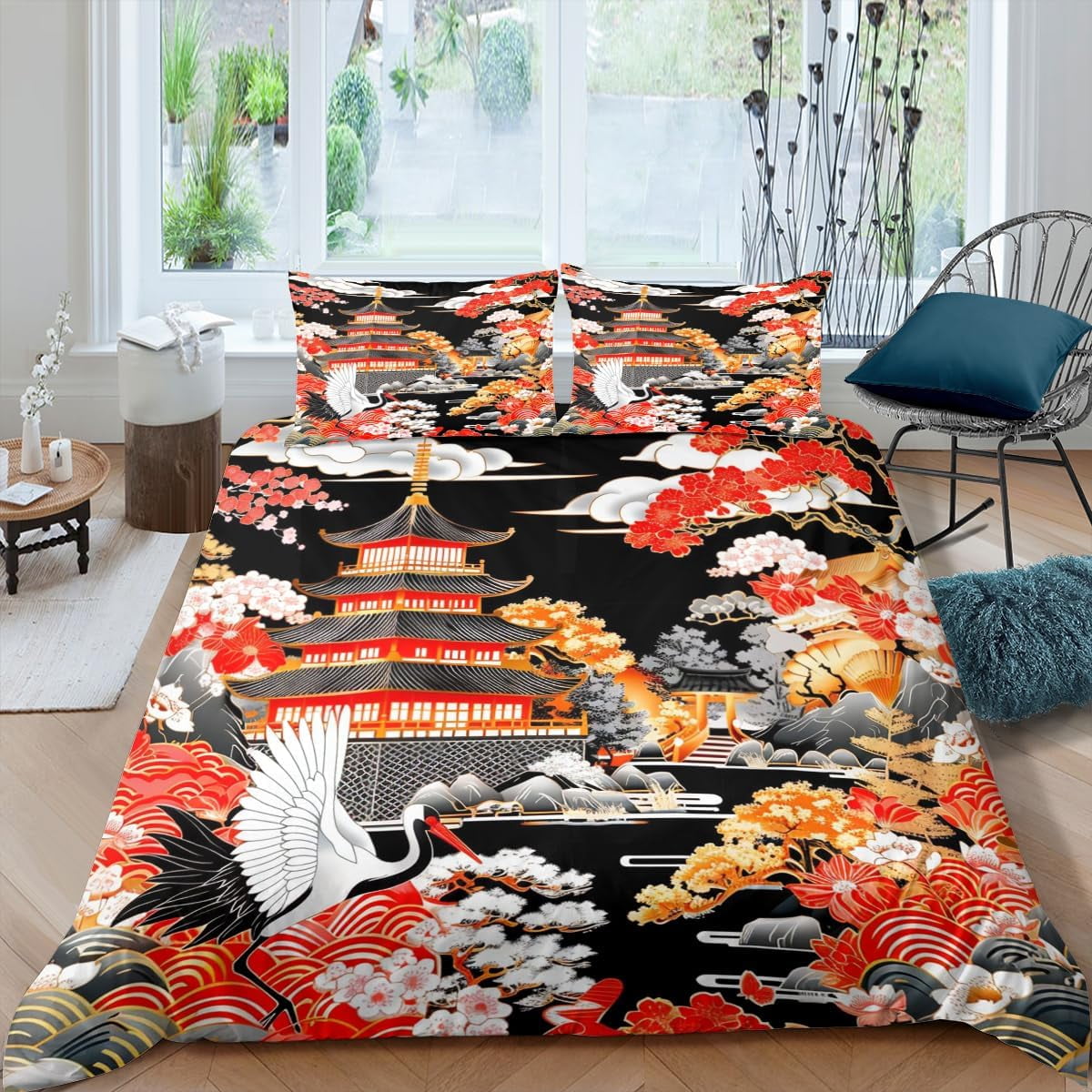 White Crane Comforter Cover Red Floral Quilt Cover Oriental Cherry ...