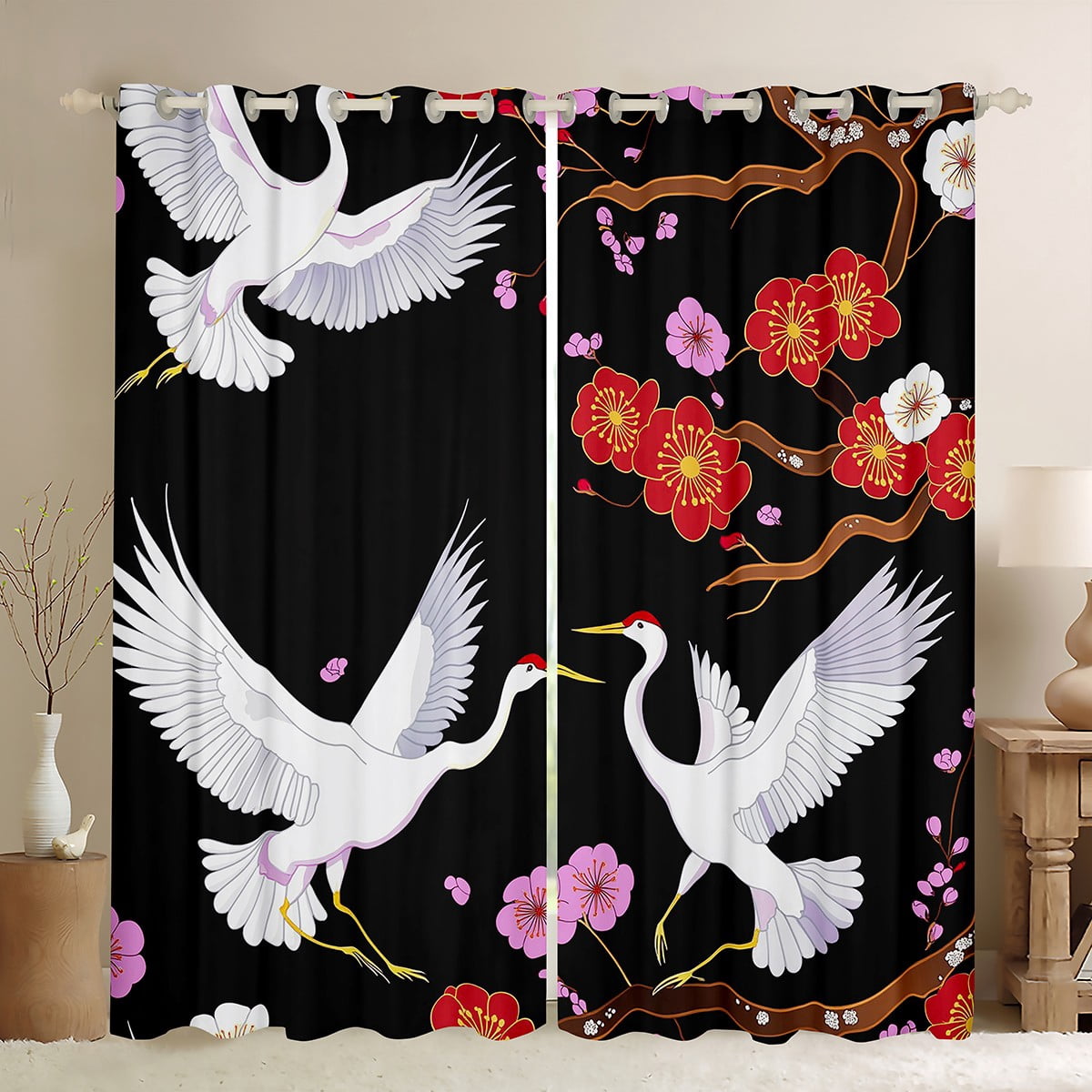 White Crane Curtains,Ukiyoe Style 52"Wx63"L 2 Panels Curtains & Drapes ...