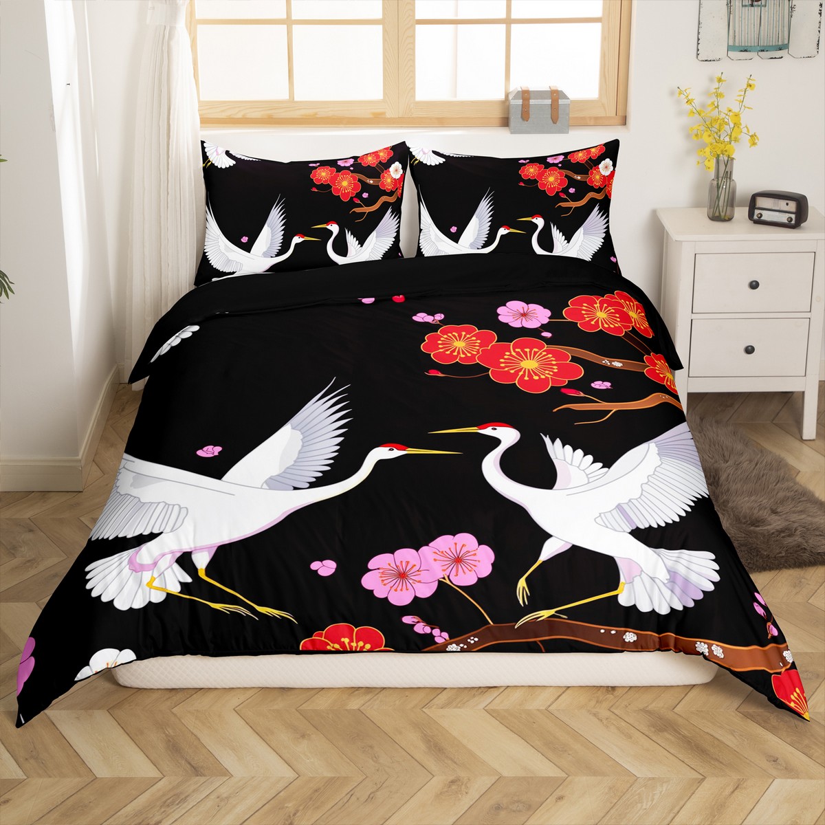White Crane Duvet Cover,Ukiyoe Style King Bedding Set Teens Cherry Blossom Comforter Cover ...