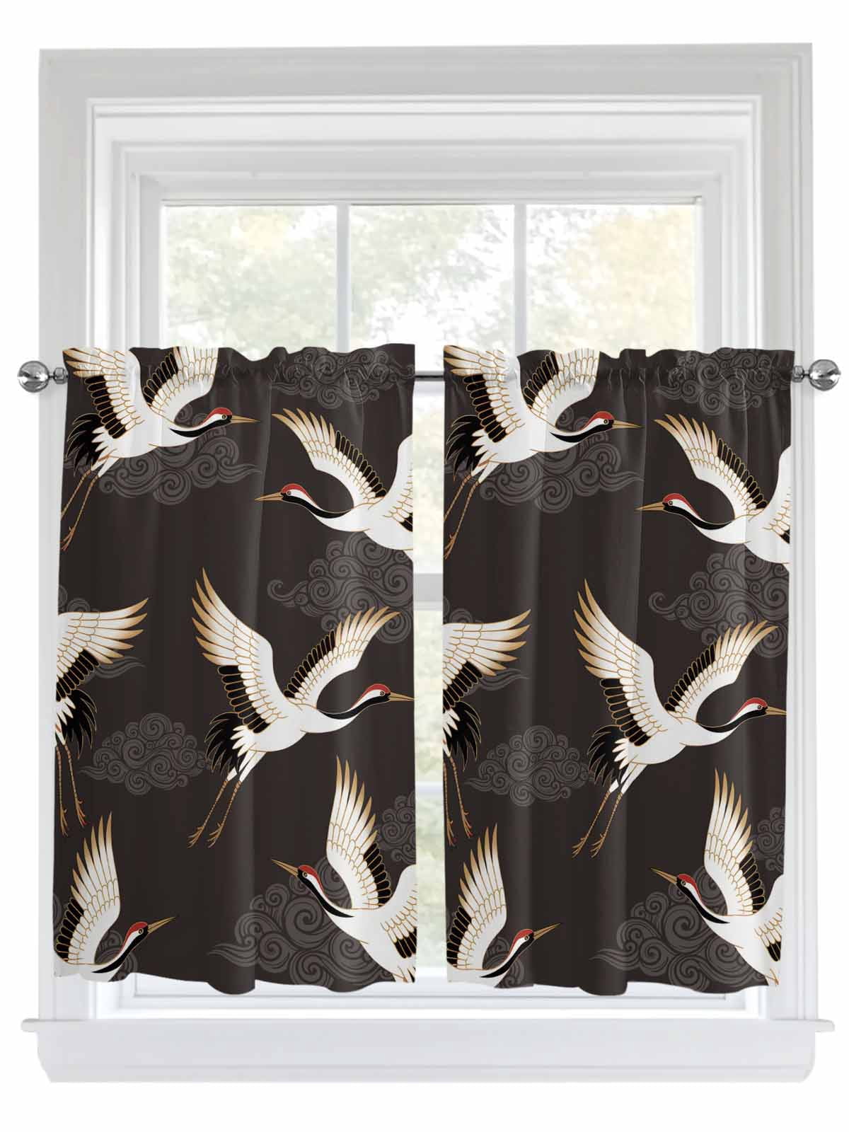 White Crane Kitchen Curtains 45 Inch Length, Vintage Chinese Auspicious ...