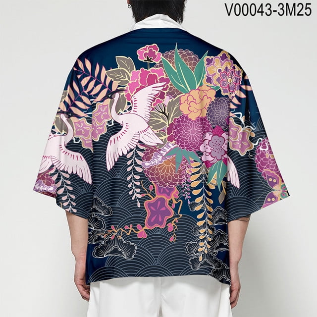 White Crane Print Haori Kimono Harajuku Japanese Style Men Samurai Costume Yukata Asian Clothes ...