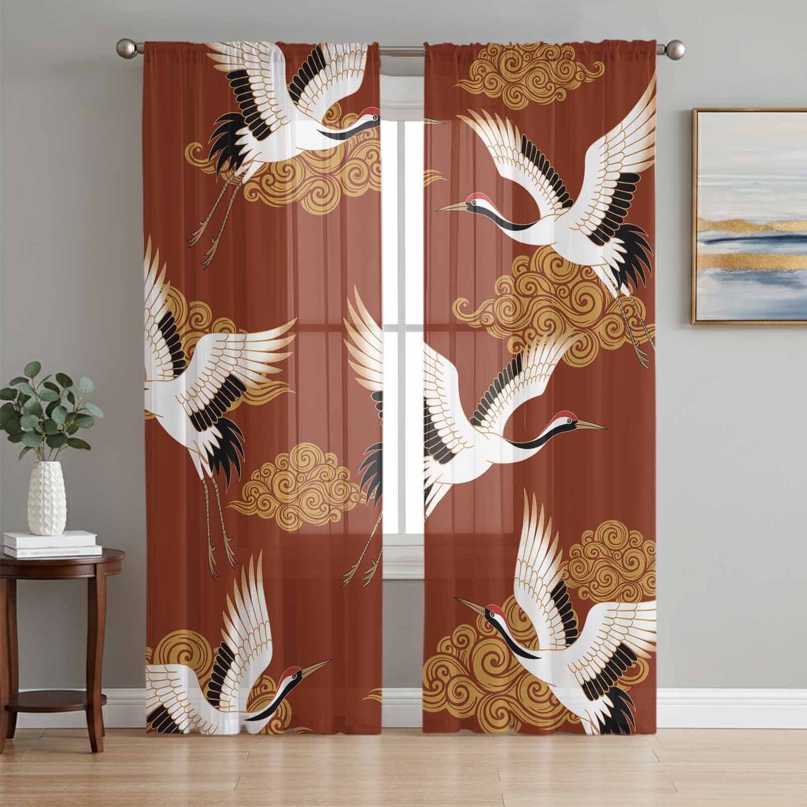 White Crane Sheer Curtains for Living Room Bedroom Vintage Chinese ...