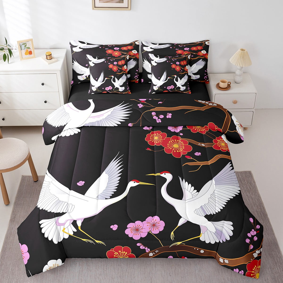 White Crane Sheet Set,Ukiyoe Style King Bedding Set Teens Cherry Blossom Comforter 7 Pieces ...