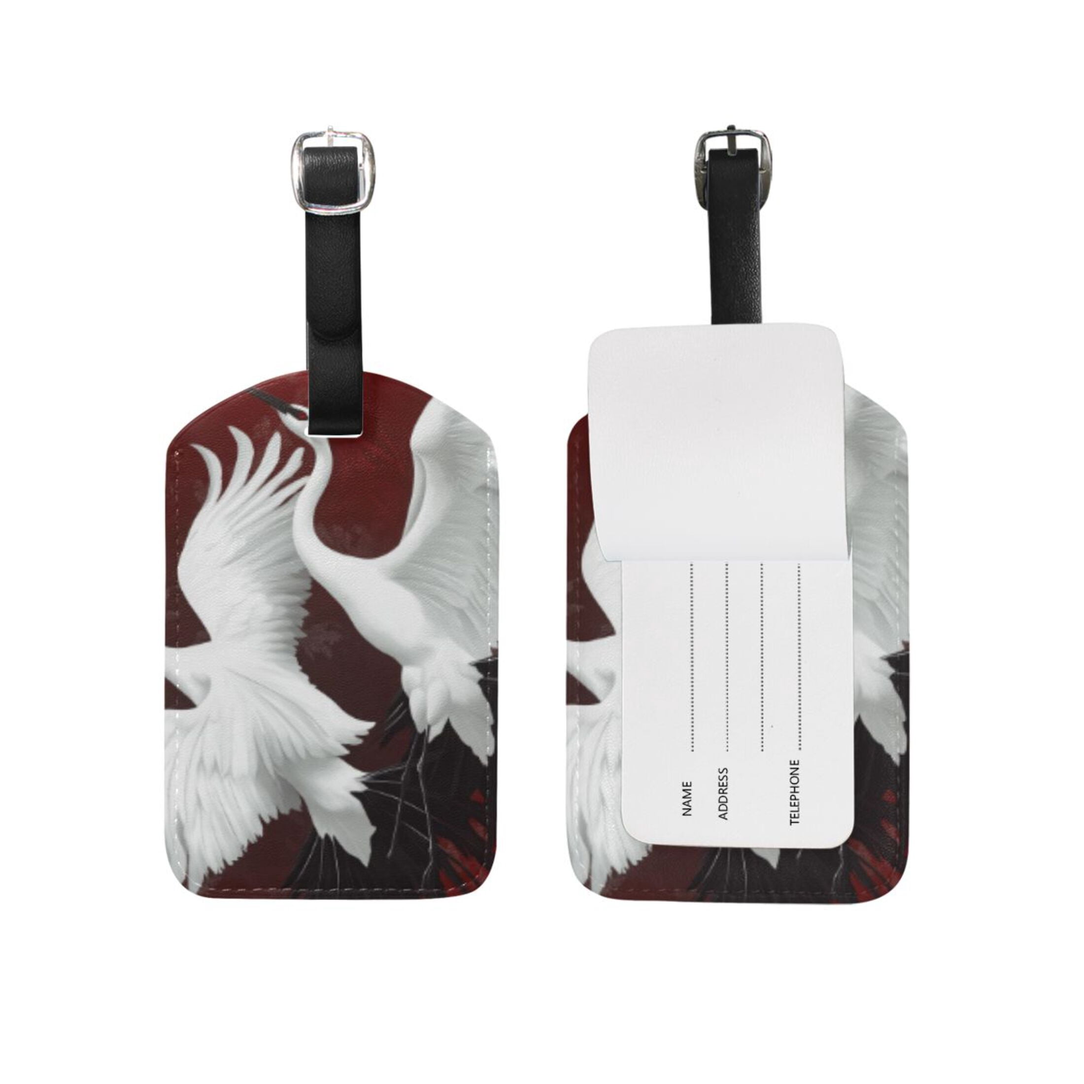 White Crane on Deep Red Background Luggage Tags PU Leather Name ID ...