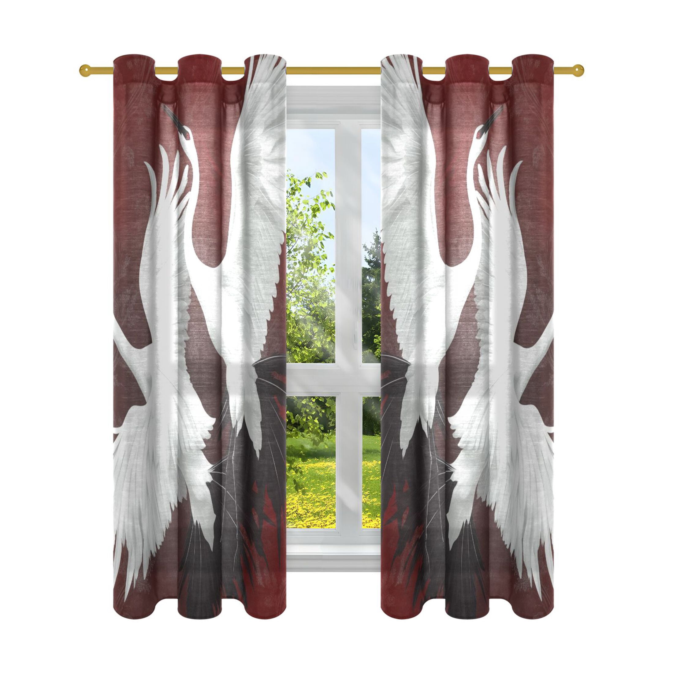 White Crane on Deep Red Background Semi Sheer Curtains for Living Room ...