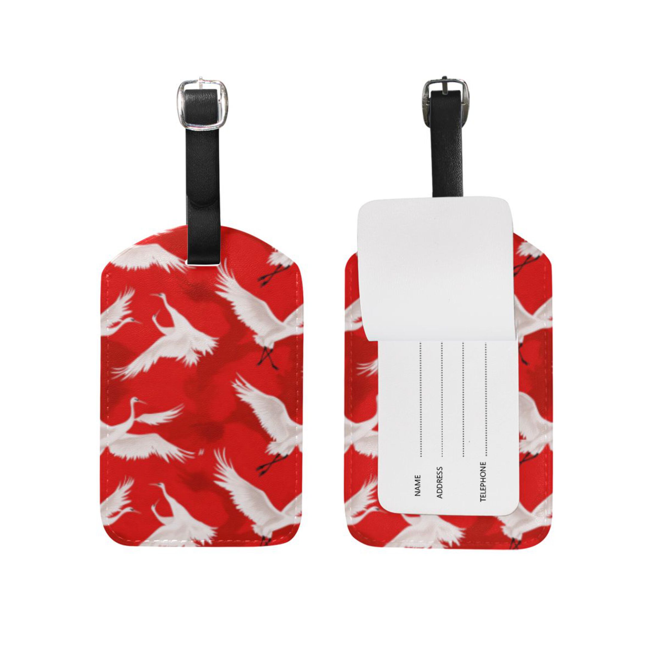 White Crane on Red Background Luggage Tags PU Leather Name ID Labels ...