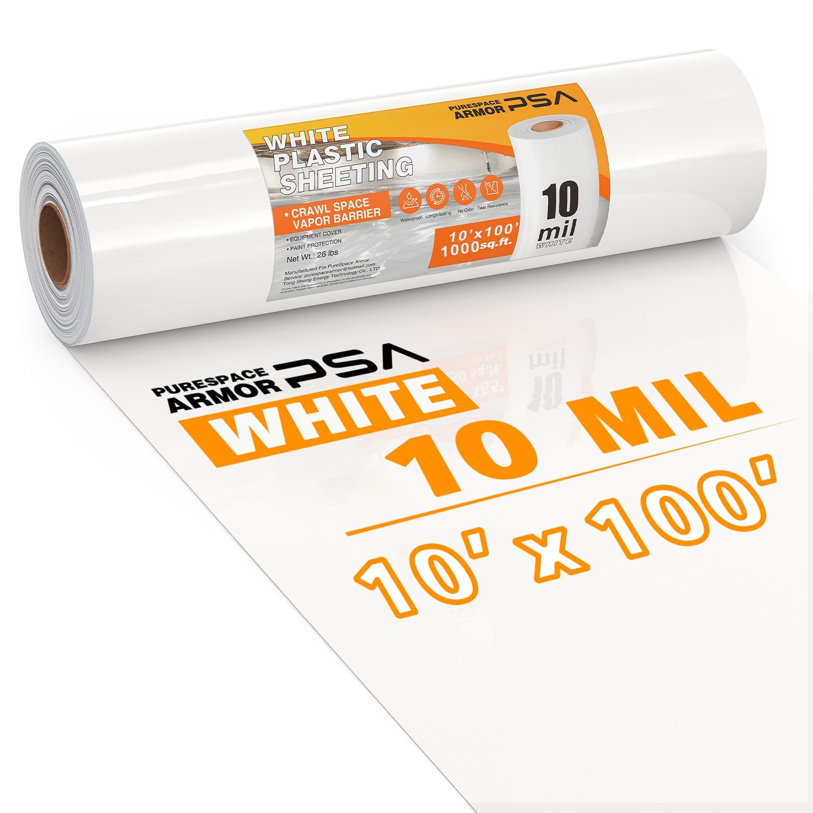 White Crawl Space Vapor Barrier, 10 Mil Vapor Barrier, 10' x 100', Heavy Duty Polyethylene Film ...
