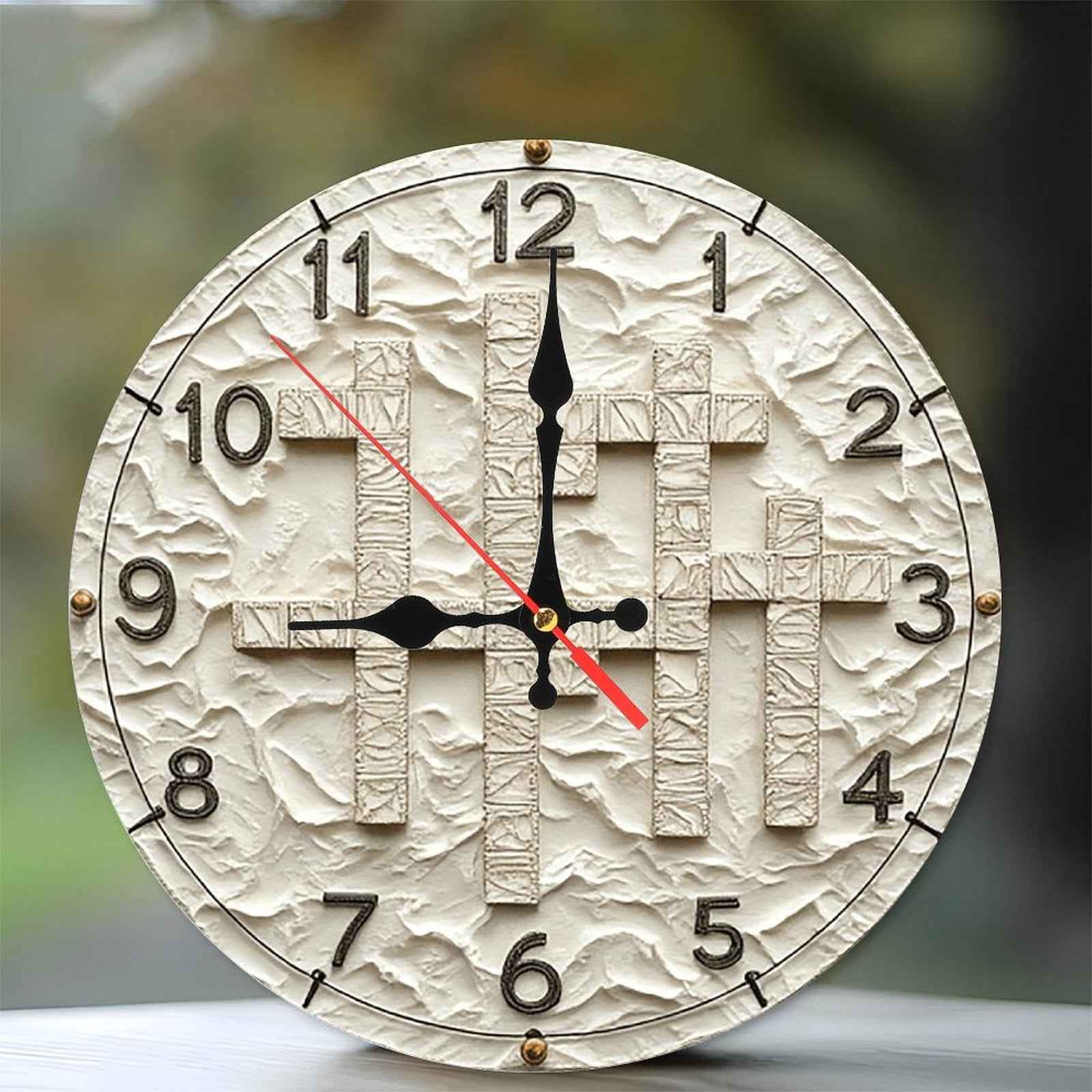 White Cream Textured Wall Clock Cross Design 10-Inch Silent Wooden Wall Clock, Battery Operated ...