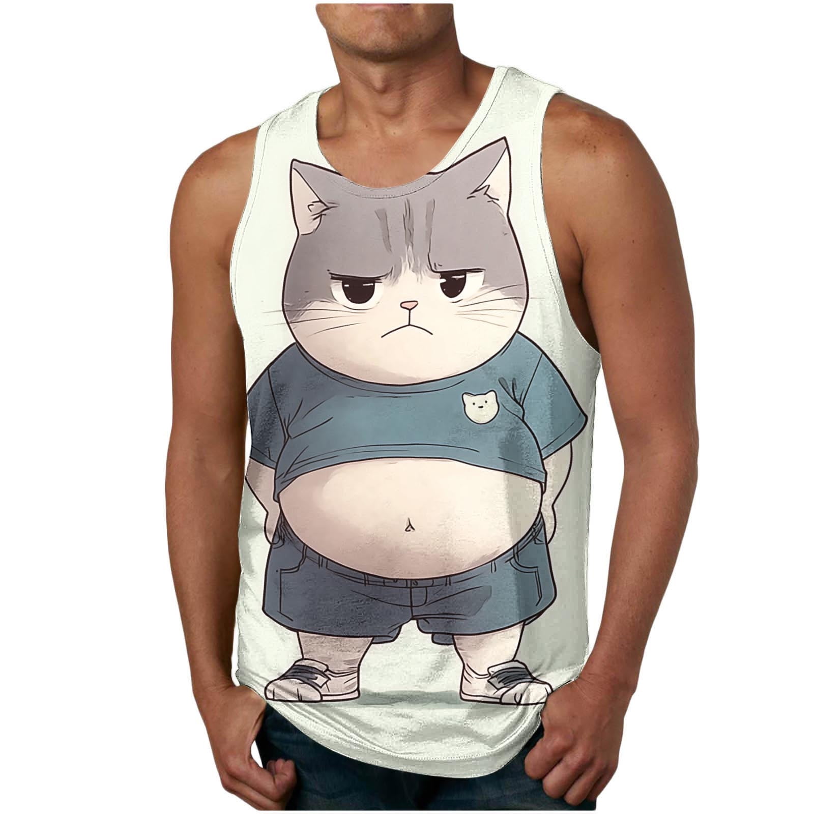White Crew Neck Vests for Man Fall Summer Sleeveless Cat Print Loose ...
