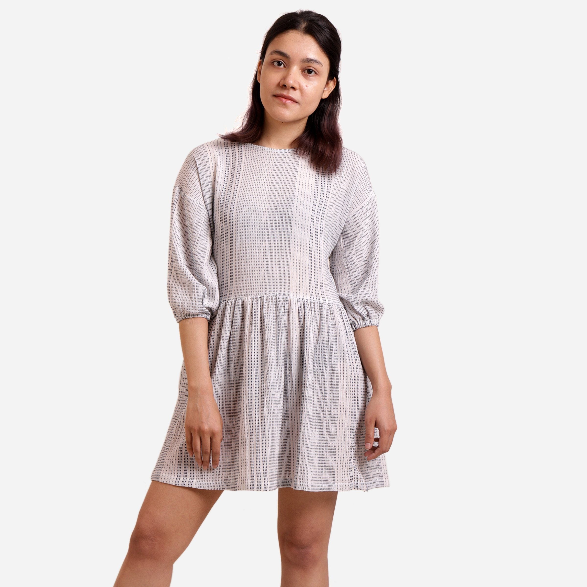 White Crinkled 100% Cotton Striped Gathered Short Dress - Walmart.com