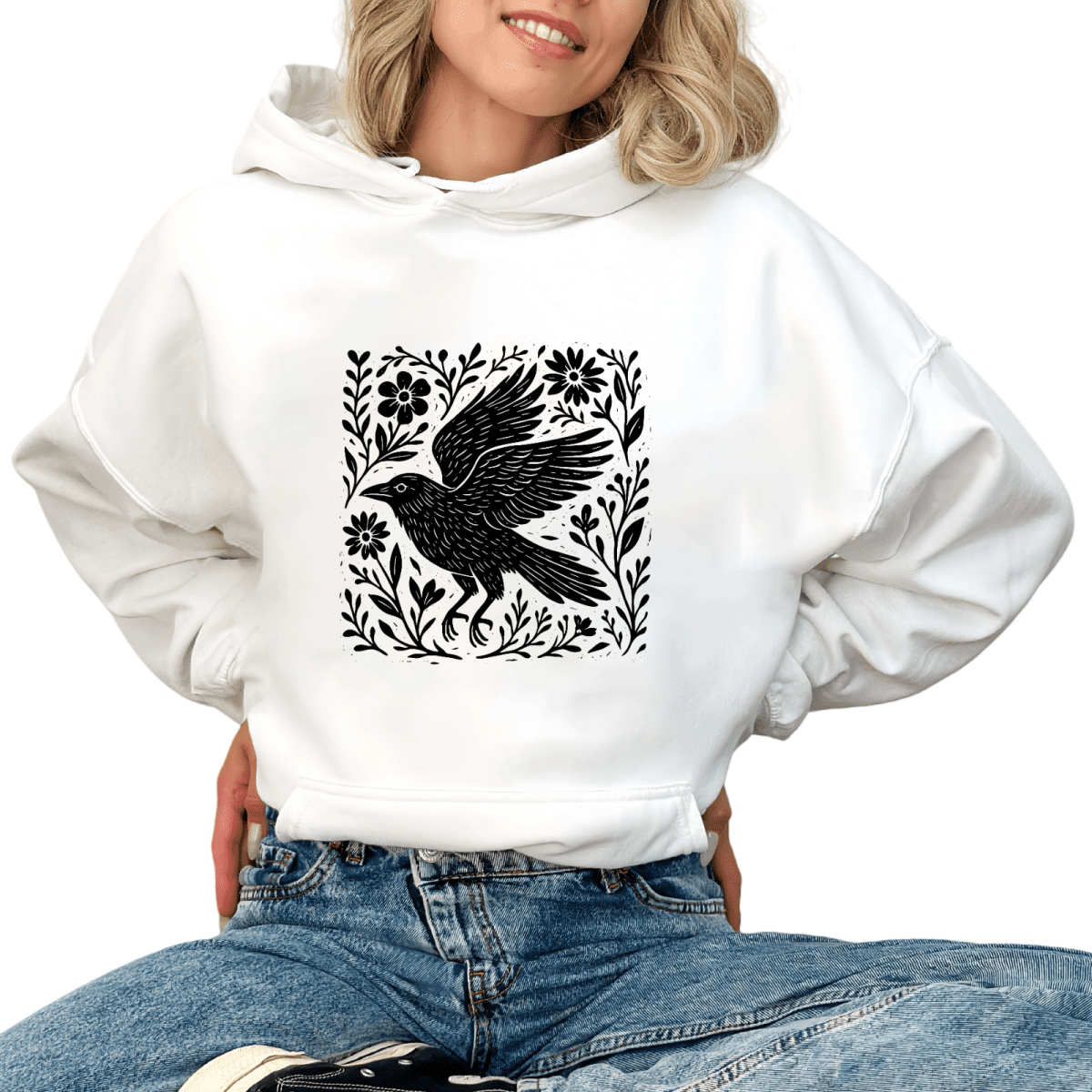White Crow & Floral Pattern Hoodie Graphic Hoodies Bohemian Folk ...