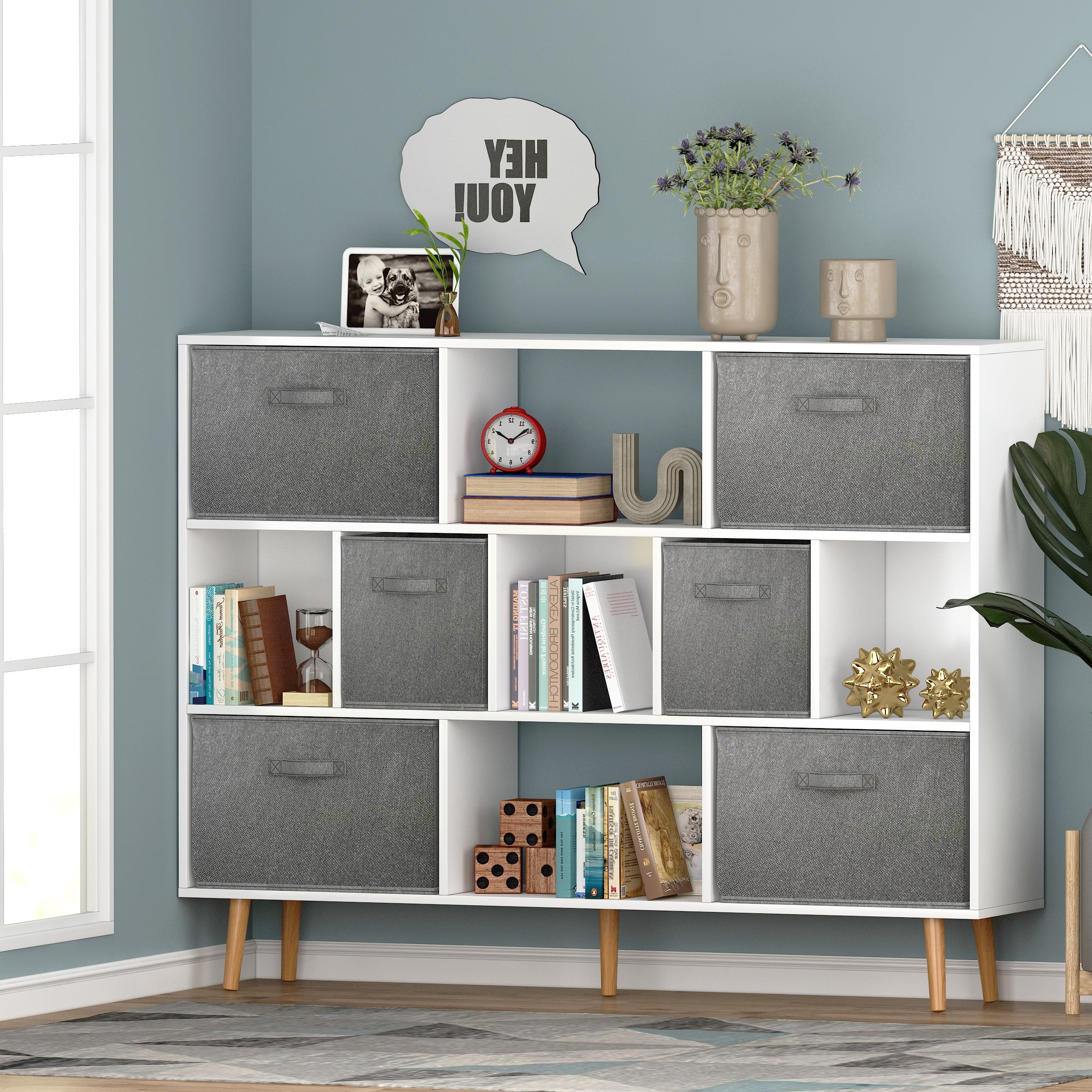 White Cube Bookshelf with 6 Fabric Drawers, 3 Tier Modern Wood Bookcase ...