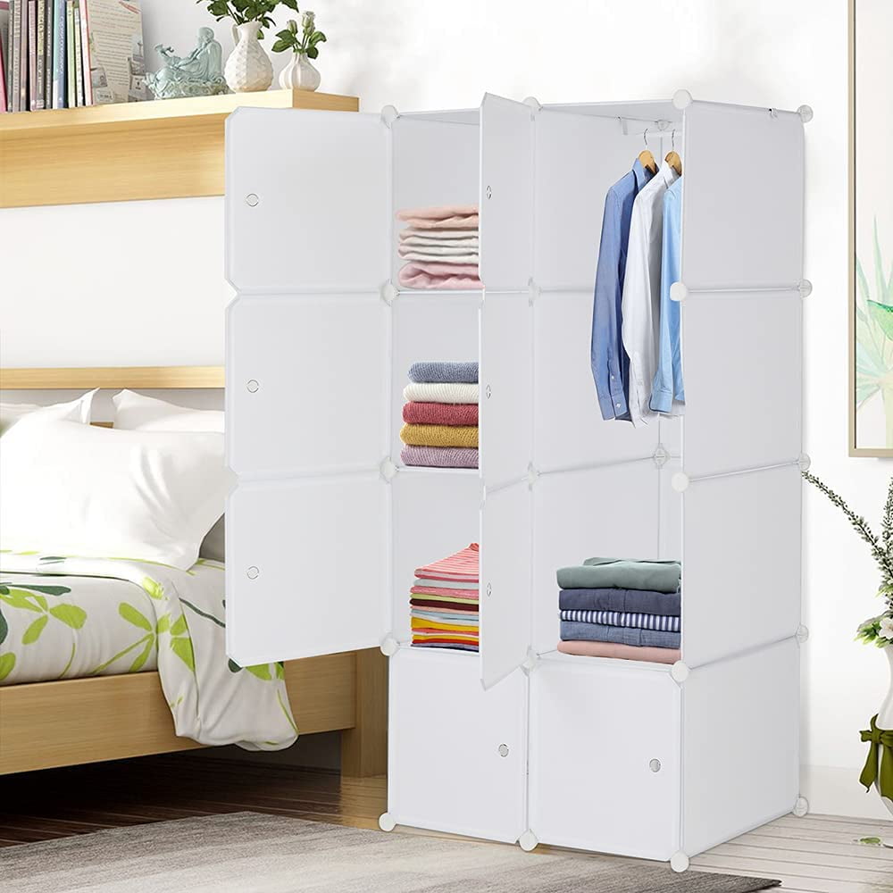 White Cube Storage Organizer with Hanging Rod, 8-Cube Shelves, Closet ...