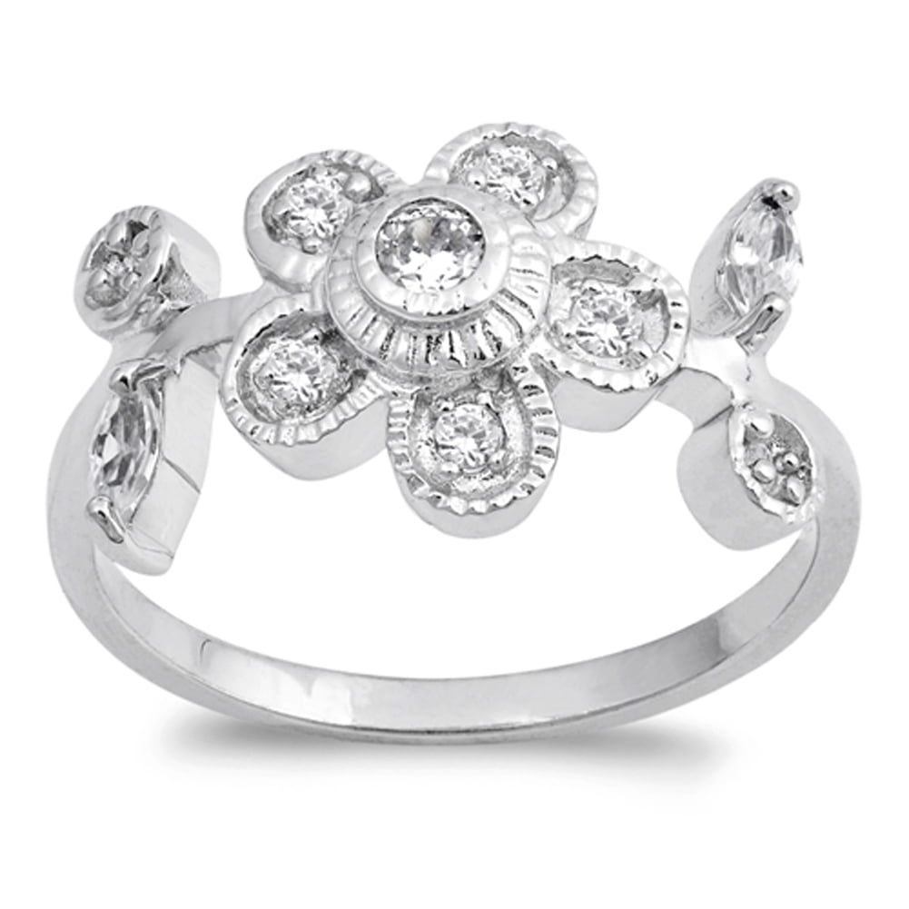 White Cubic Zirconia Bezel Flower Ring .925 Sterling Silver Band ...