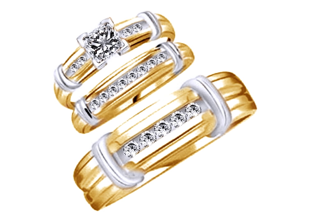 AFFY White Cubic Zirconia Engagement & Wedding Trio Fashion Ring Set In ...
