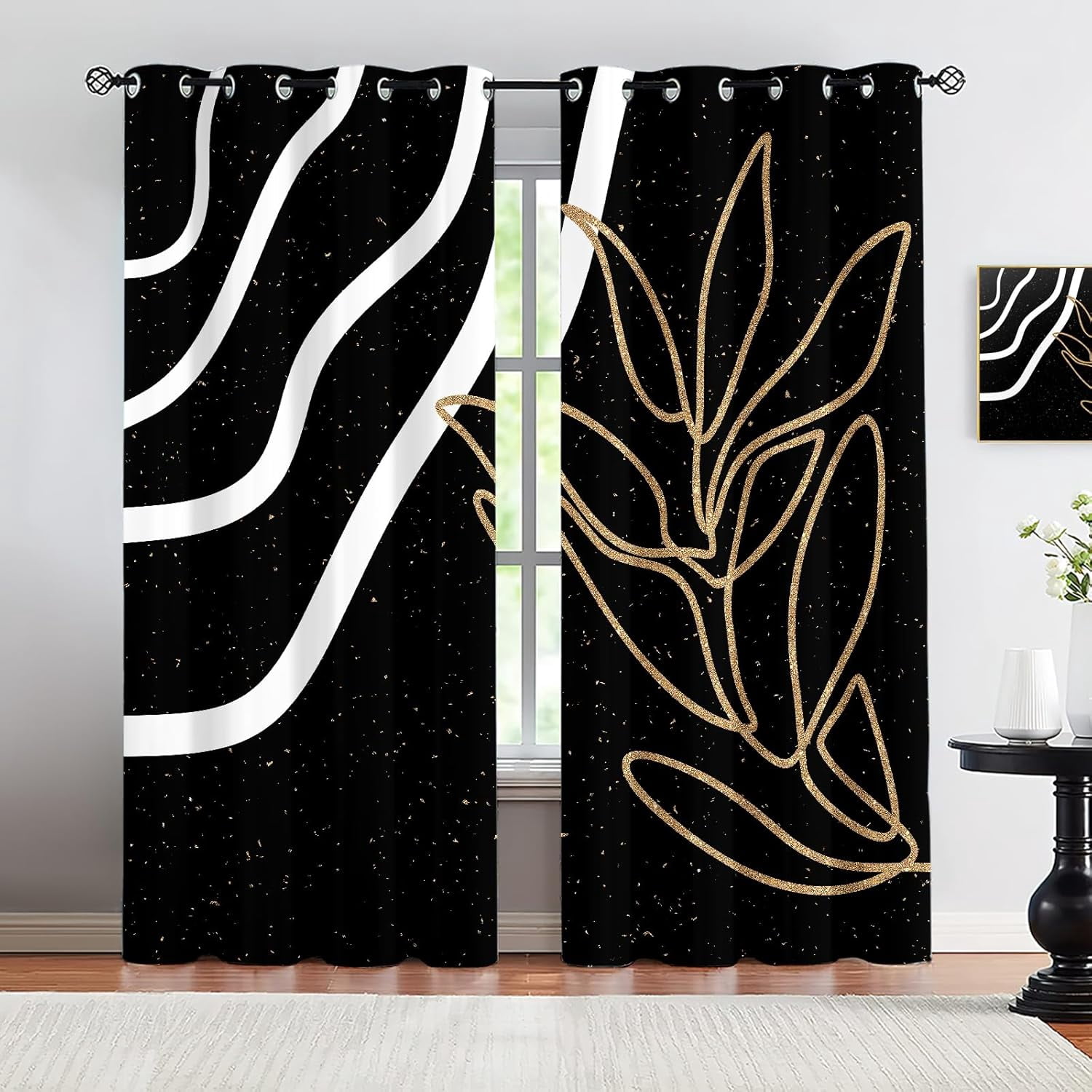 White Curved Texture Blackout Window Treatments , Abstract Golden ...