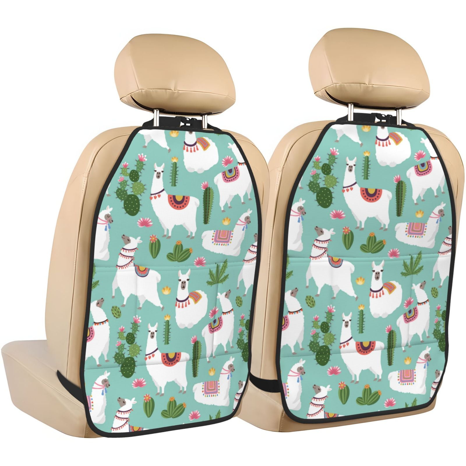 White Cute Alpaca Green Cactus Mats Back Seat Protectors, Car Seat ...