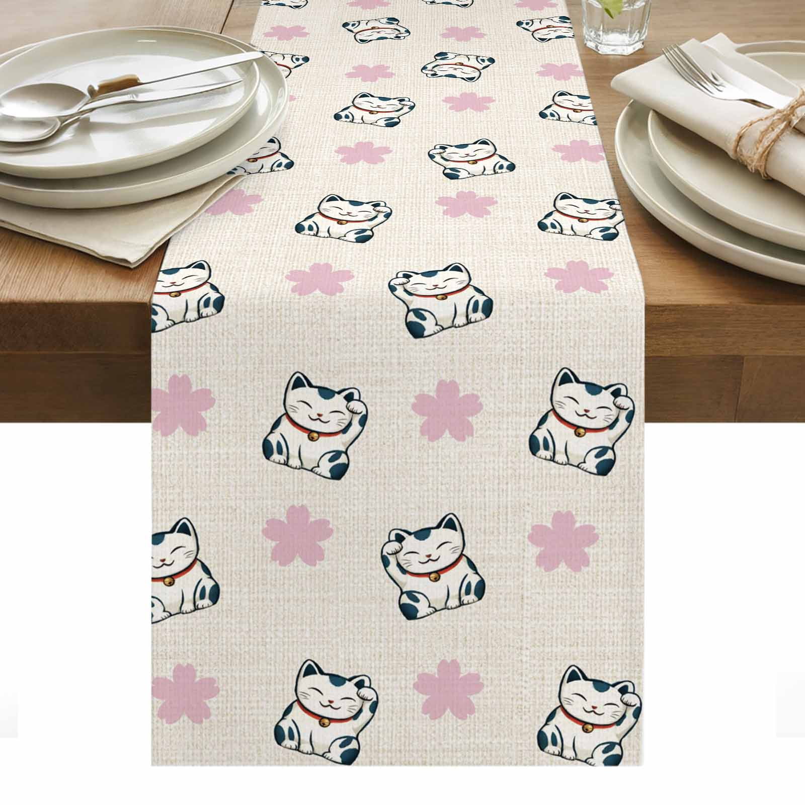 White Cute Cat Table Runner - 70 Inch Long, Kitchen Dining Table Runner ...