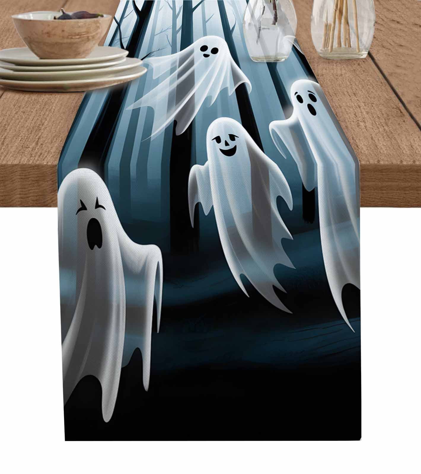 White Cute Ghost Halloween Table Runner 72 Inches, Silhouettes Forest ...