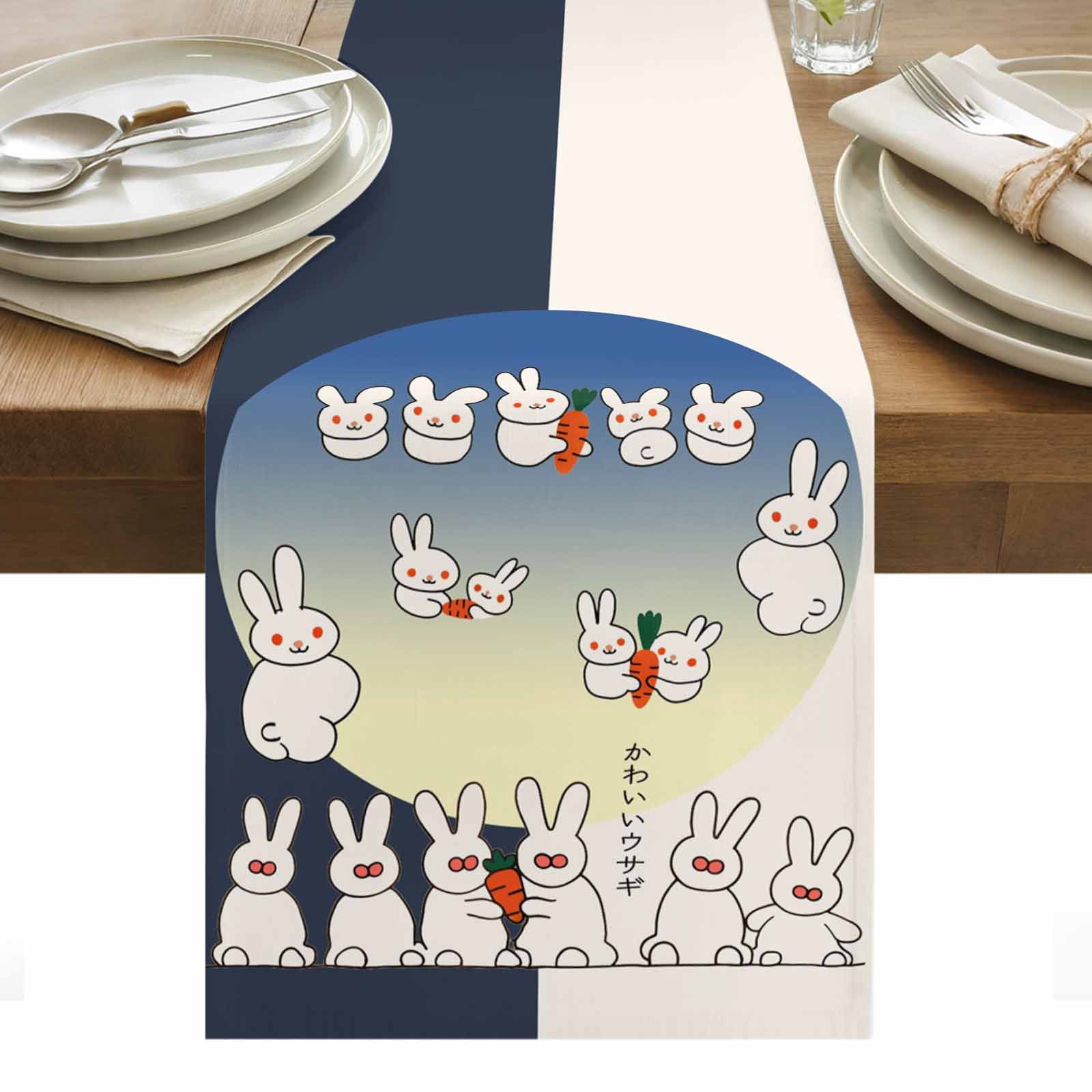 White Cute Rabbit Table Runner - 108 Inch Long, Kitchen Dining Table ...