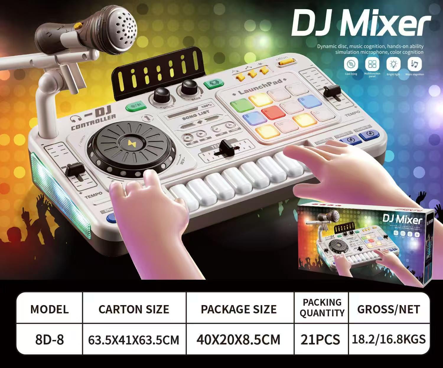 White DJ Mixer for Kids with Microphone&Bluetooth, Light up DJ turntable with 12 MIDI, DJ Mixing ...
