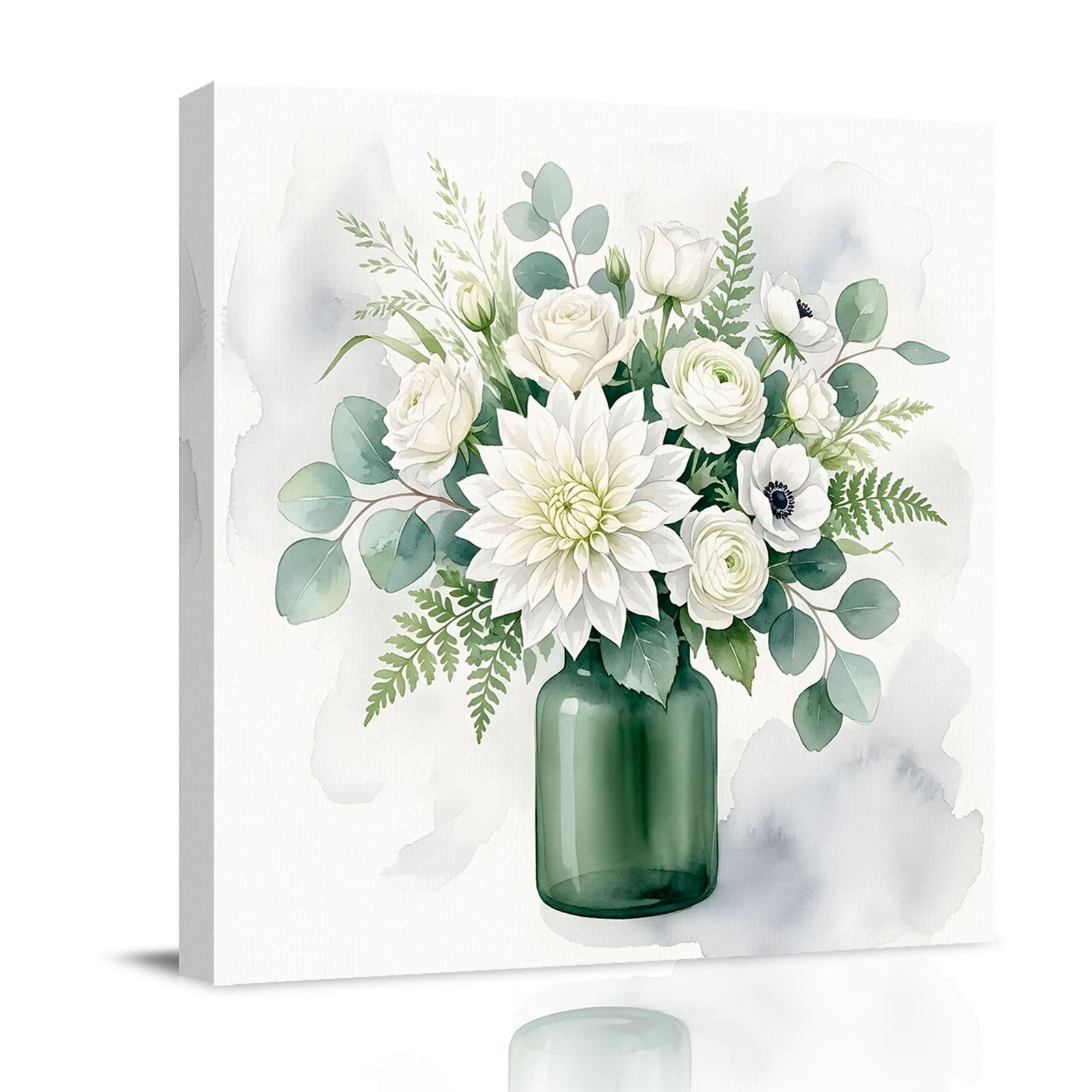 White Dahlia Rose Flower Canvas Wall Art for Living Room, Eucalyptus ...