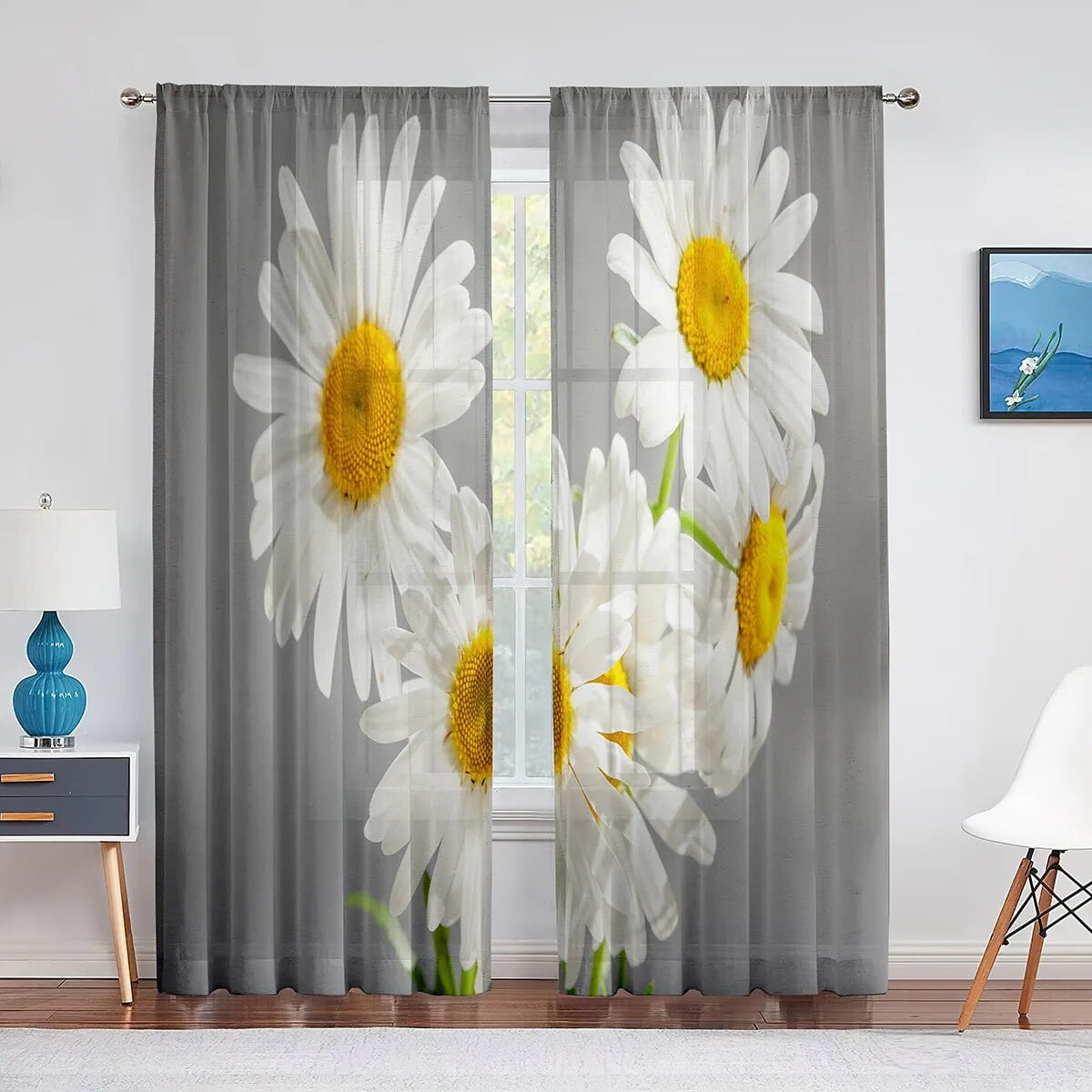 White Daisies Beautiful Spring Floral Sheer Curtain for Living Room ...