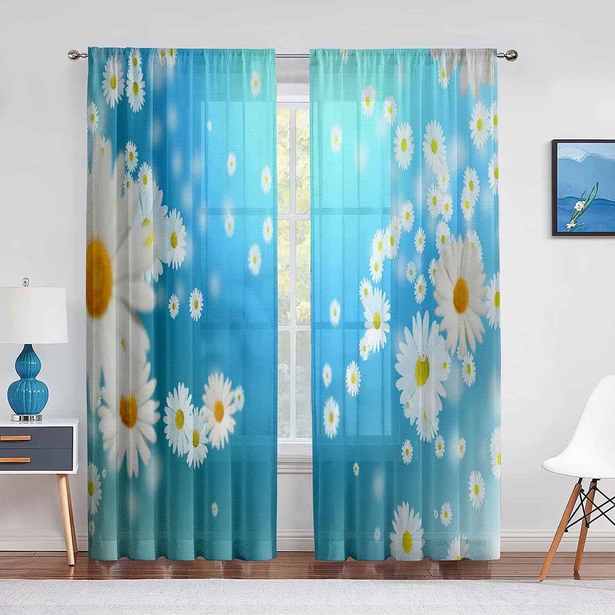 White Daisies Beautiful Spring Floral Sheer Curtain for Living Room ...