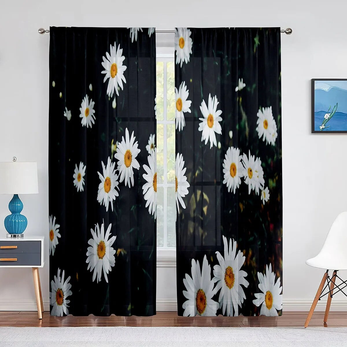 White Daisies Beautiful Spring Floral Sheer Curtain for Living Room ...