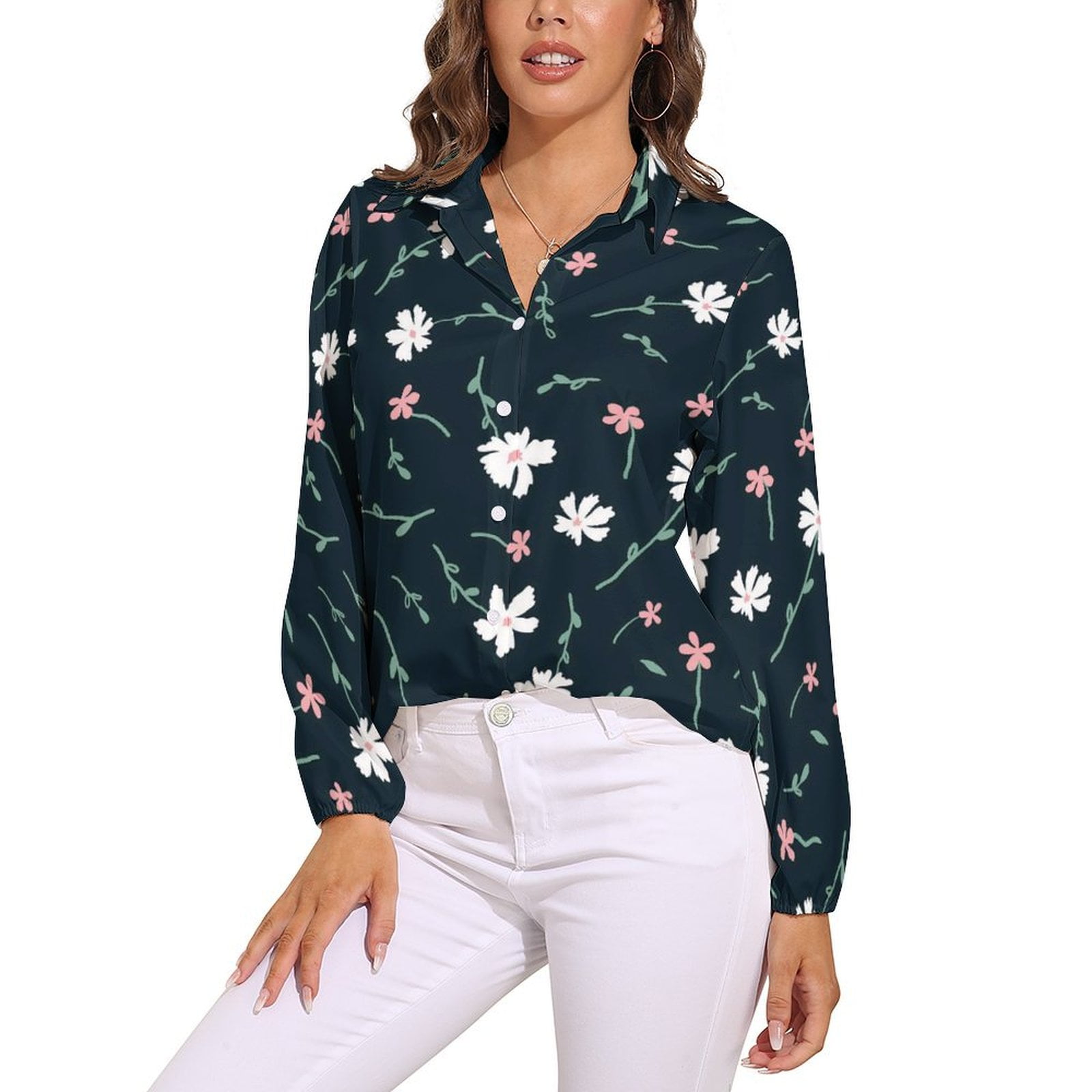 White Daisies Blouse Long-Sleeve Cute Flowers Print Pretty Blouses ...