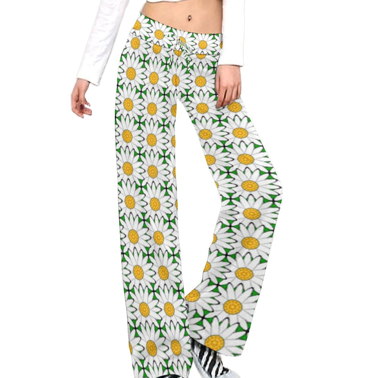 White Daisies Green Background Pattern Summer Outfits Flowy Palazzo ...