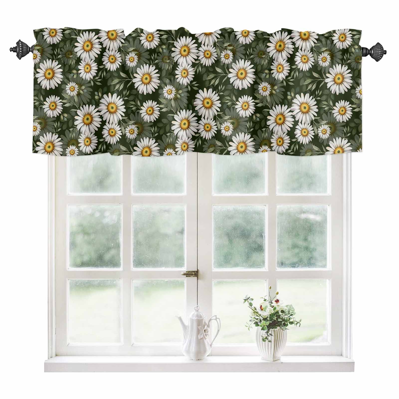 White Daisies Kitchen Valances for Windows 42x12 Inch Kitchen Curtains ...