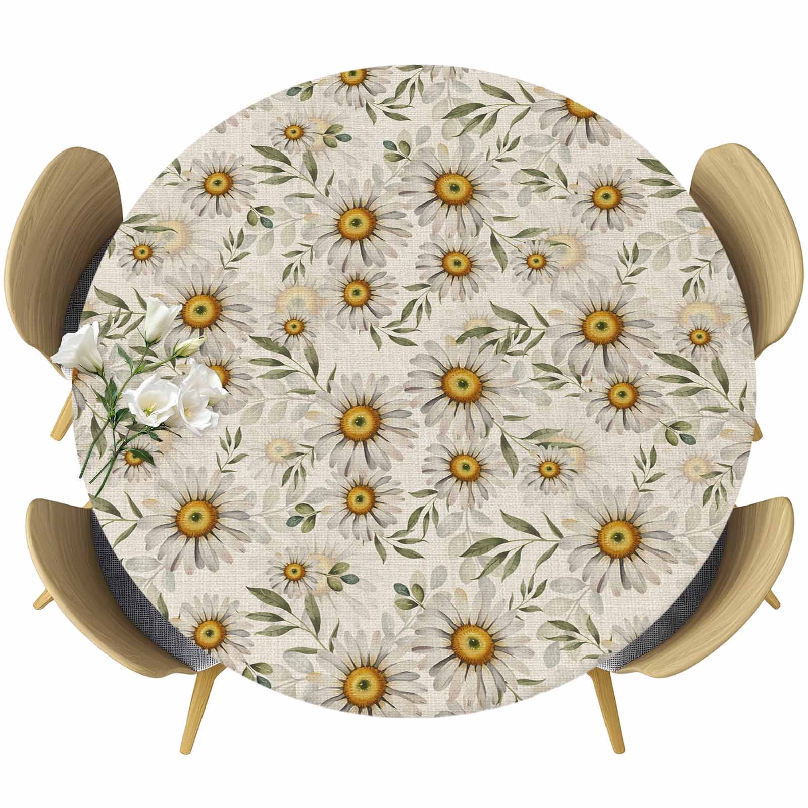 White Daisies Round Tablecloth 45-54 Inch Round Fitted Table Cloth with ...