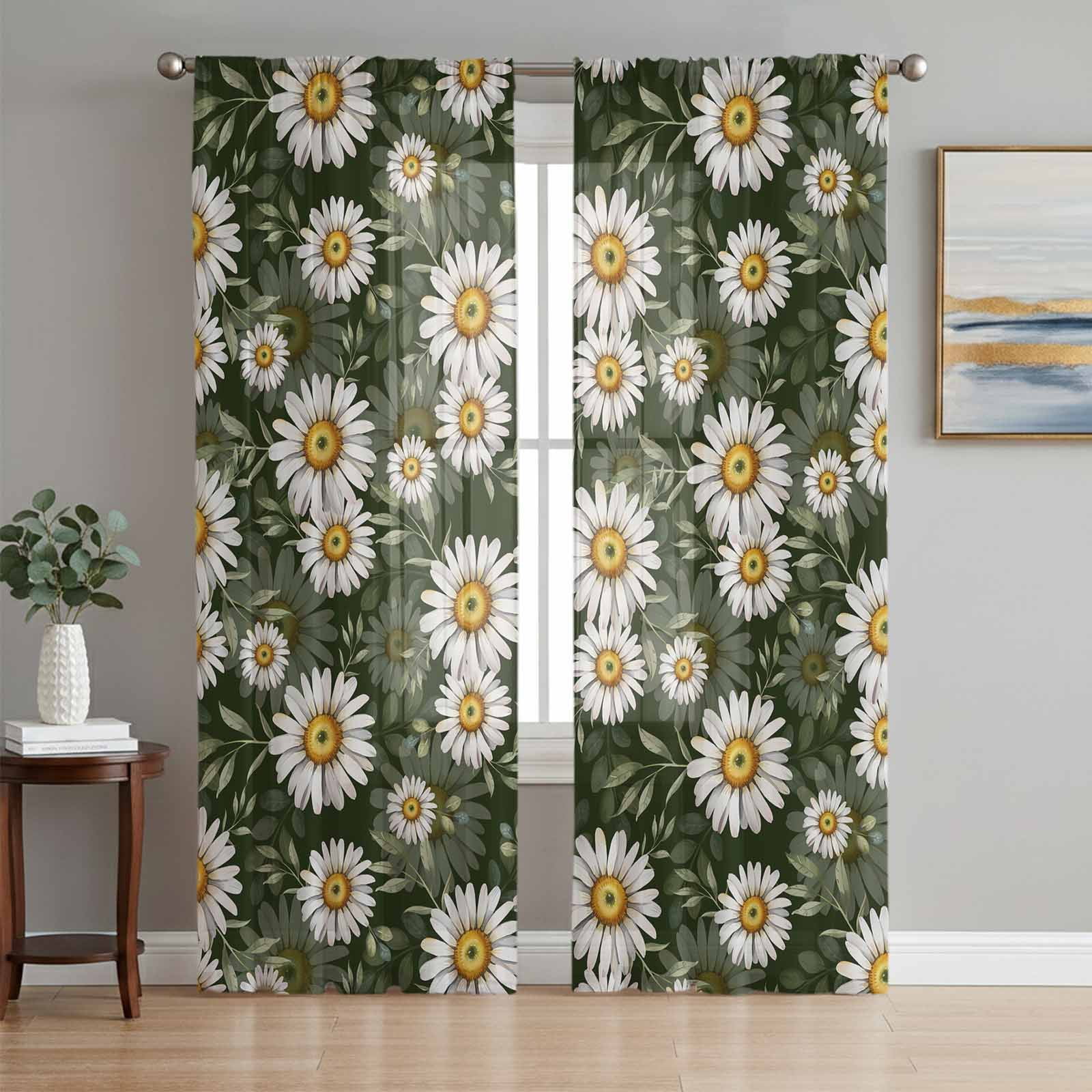 White Daisies Semi Sheer Curtains 108 Inch Length 2 Panels Set ...