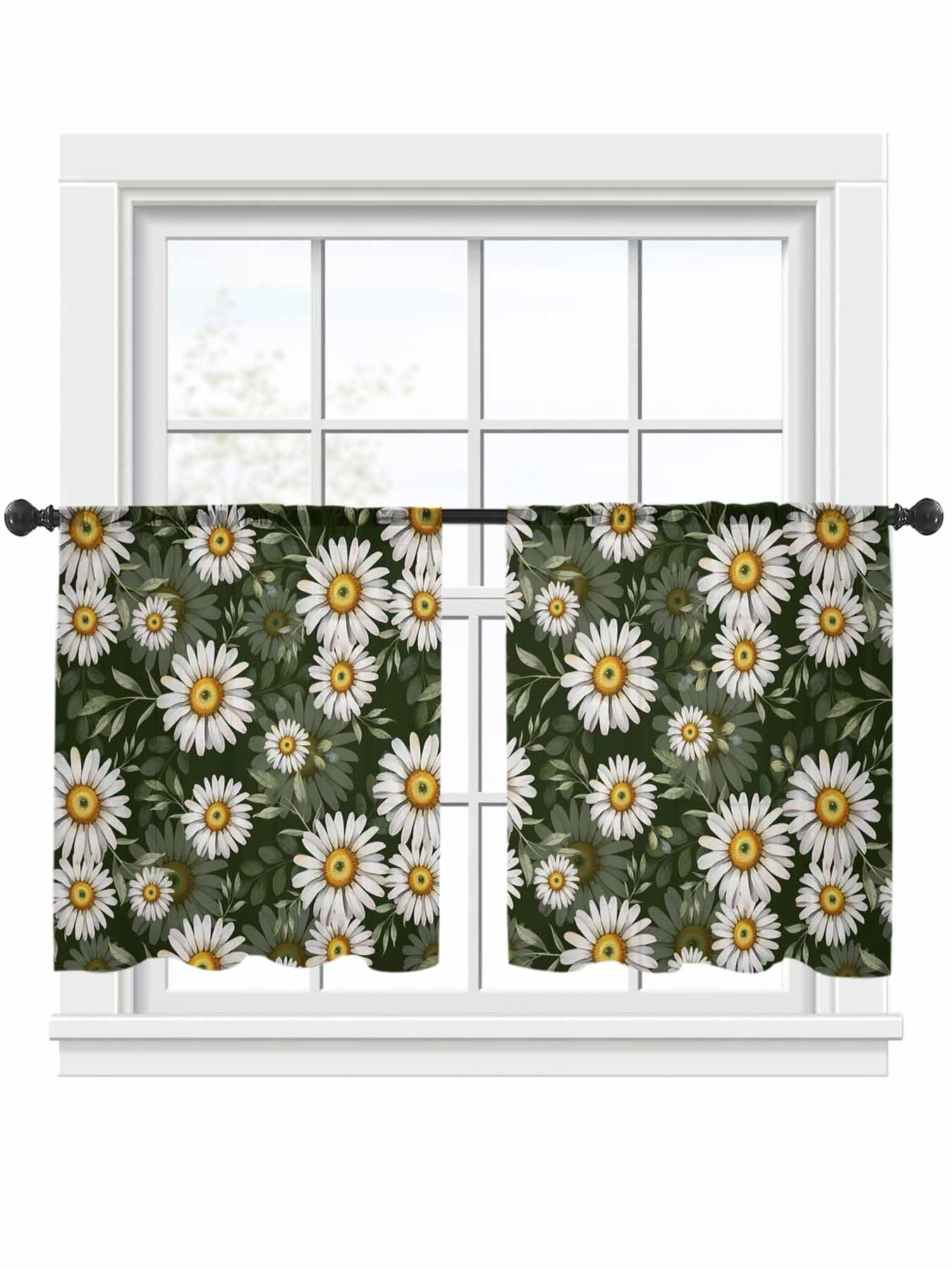 White Daisies Sheer Curtains 45 Inch Length 2 Panels Set, Semi ...