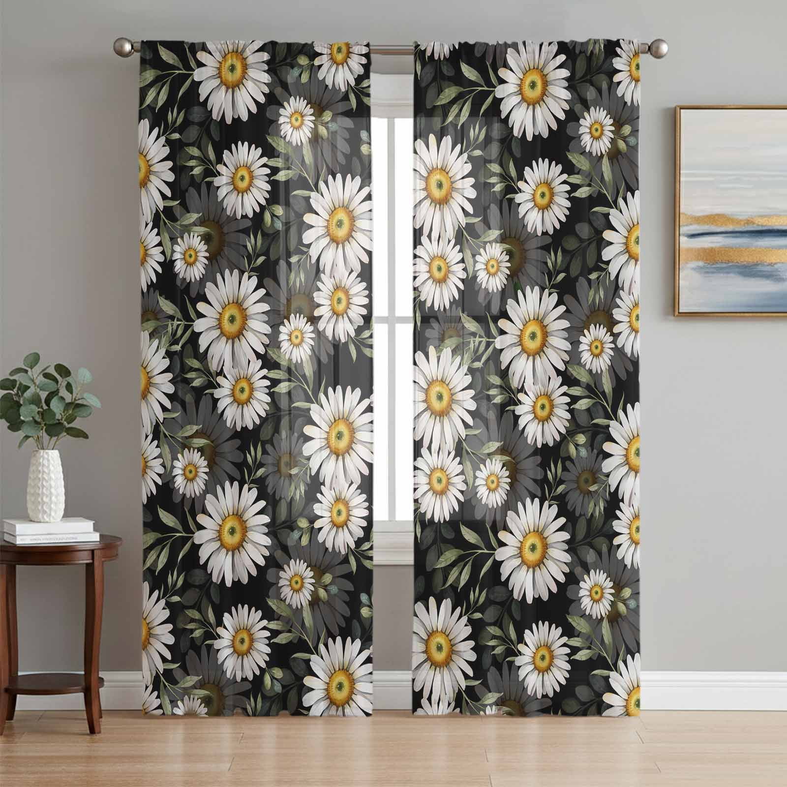 White Daisies Sheer Curtains 72 Inch Length 2 Panels Set, Black ...