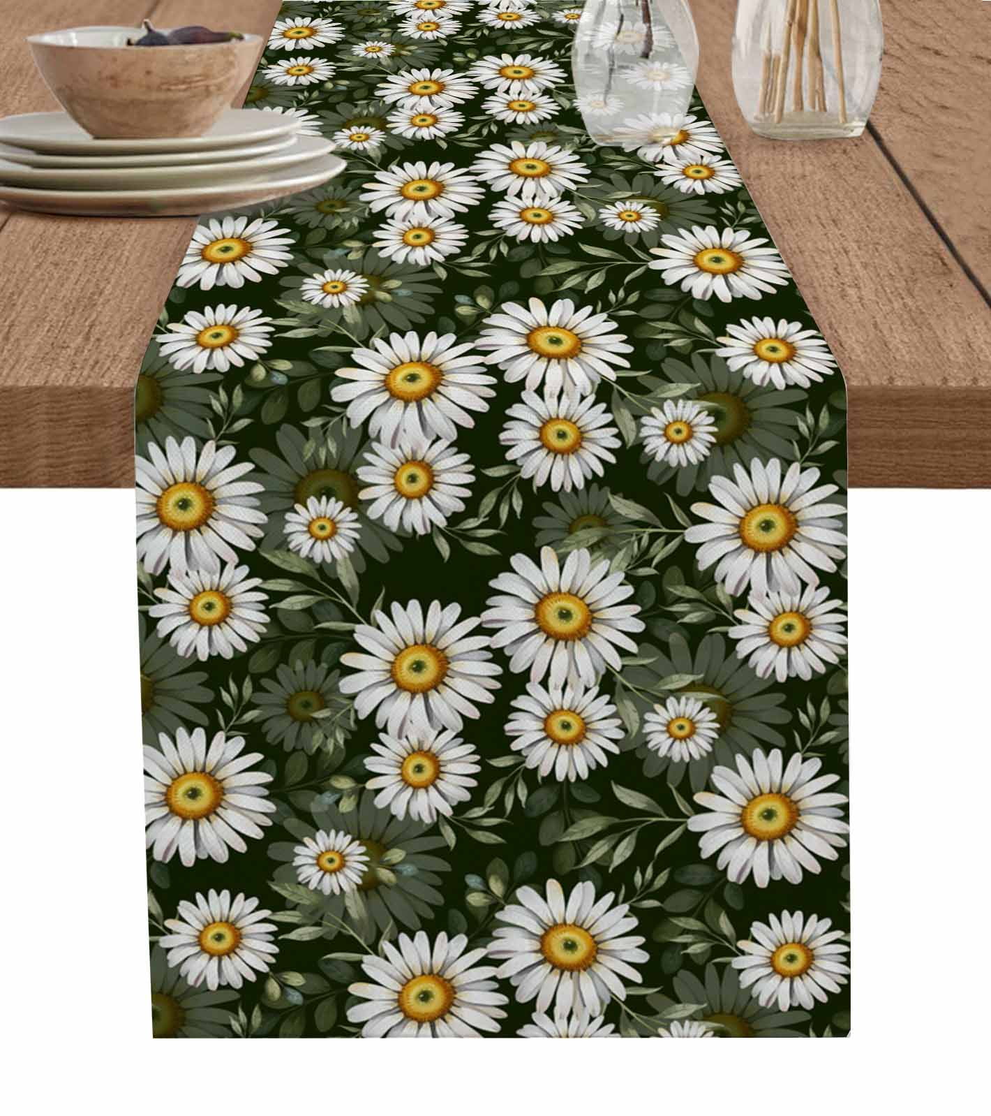 White Daisies Table Runner 120 Inches, Farmhouse Botanical Flowers ...