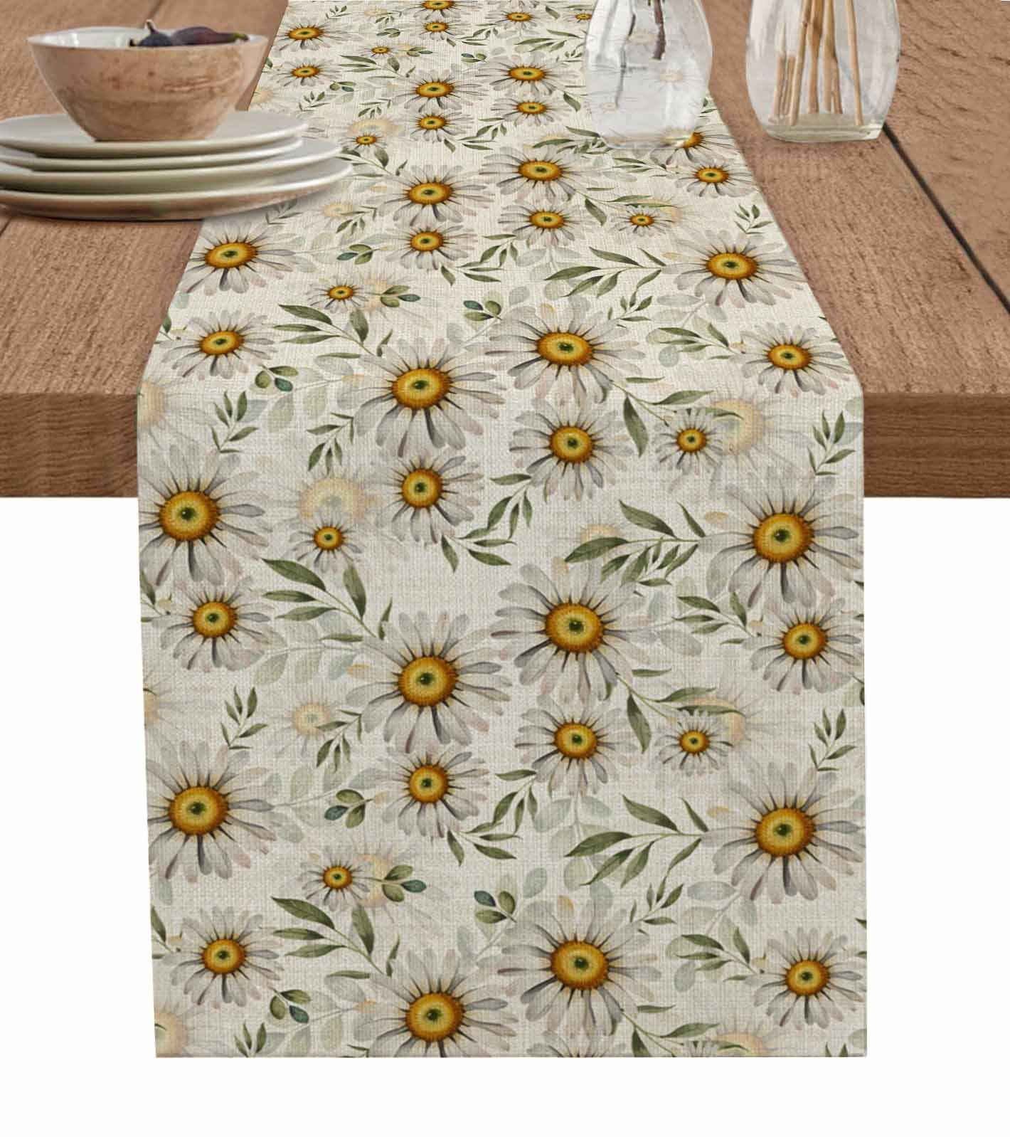 White Daisies Table Runner Retro Country Botanical Flowers Leaves ...
