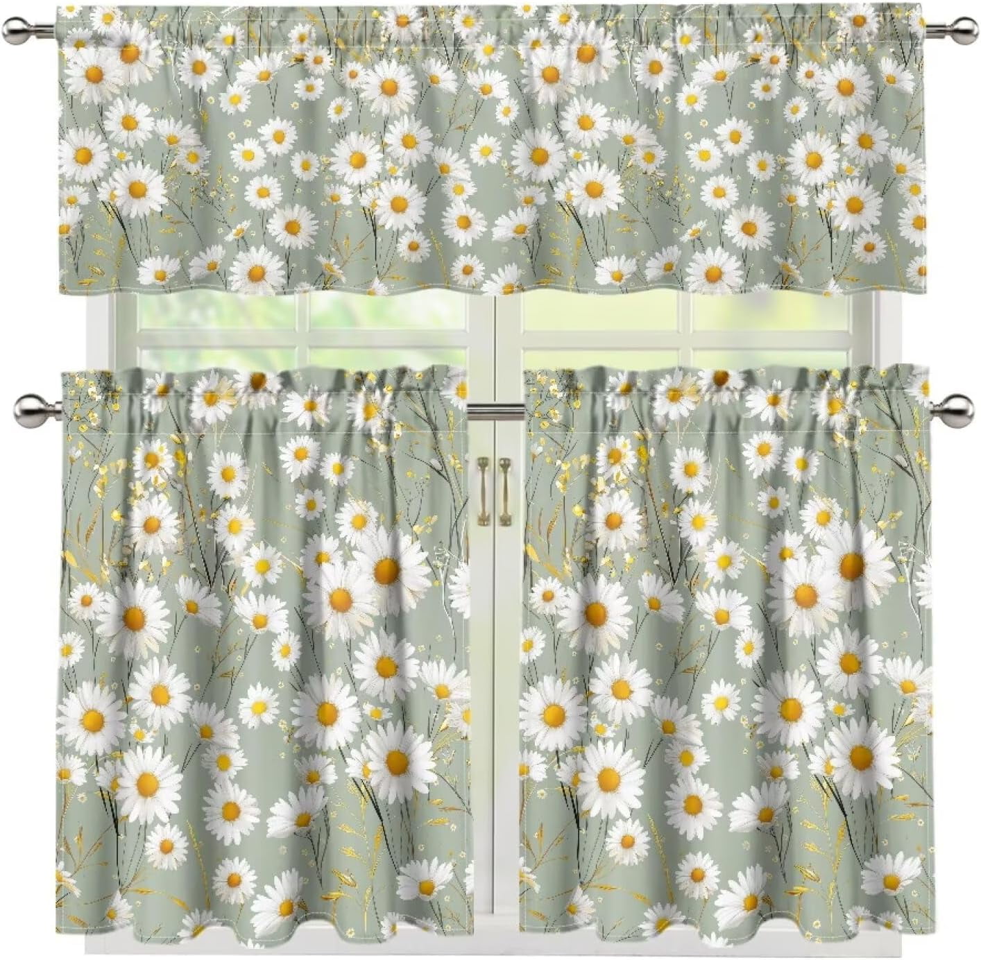 White Daisy 3 Piece Set Kitchen Curtains Valance and Tiers Set Tier Curtains 36 Inch Length Rod ...