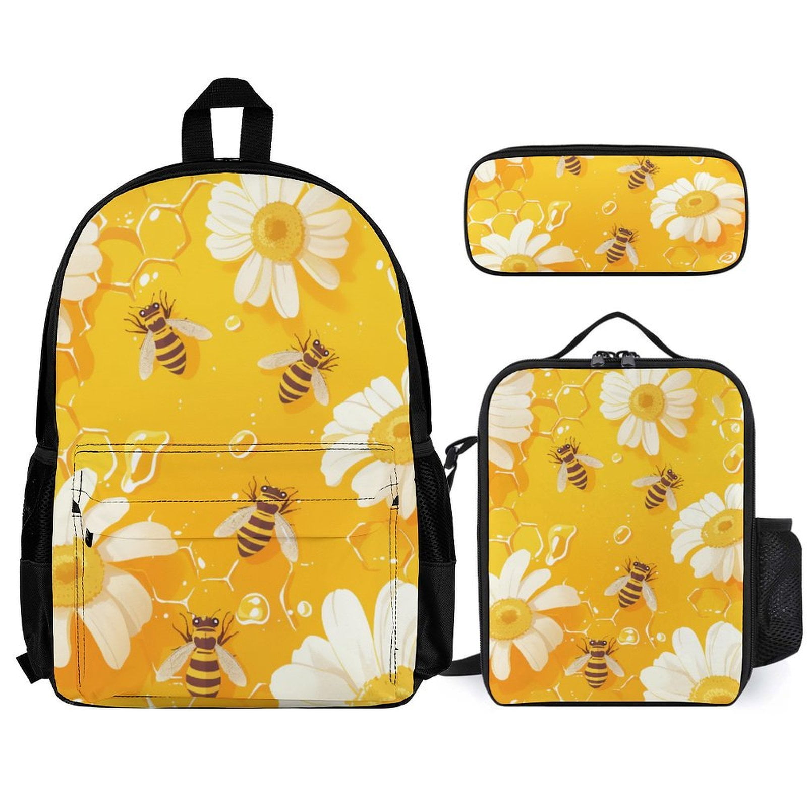 White Daisy And Bee 3PCS Backpack Backpack with Lunch Box Pencil Case ...