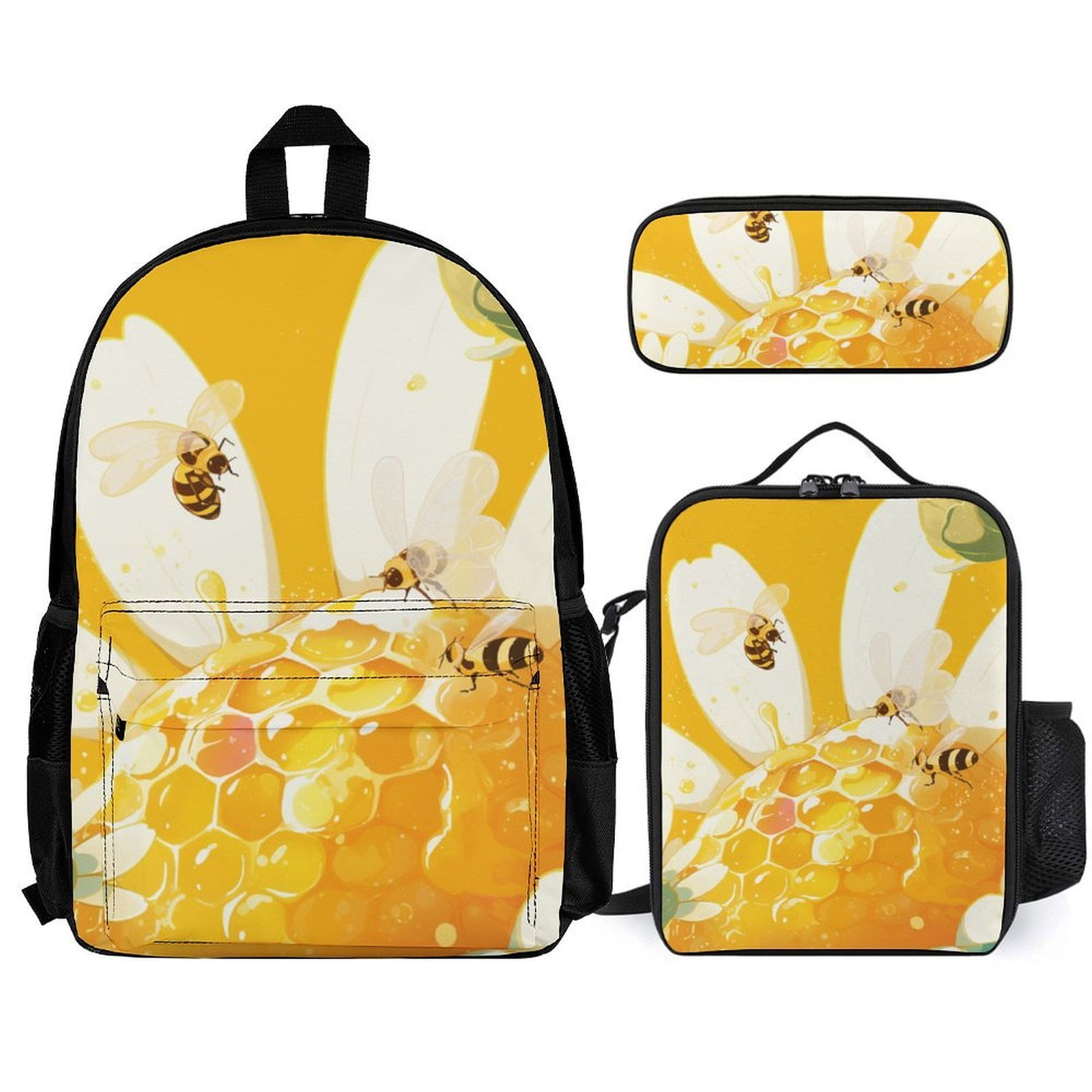 White Daisy And Bee Backpack 3pcs/set Backpack For Camping With Lunch ...