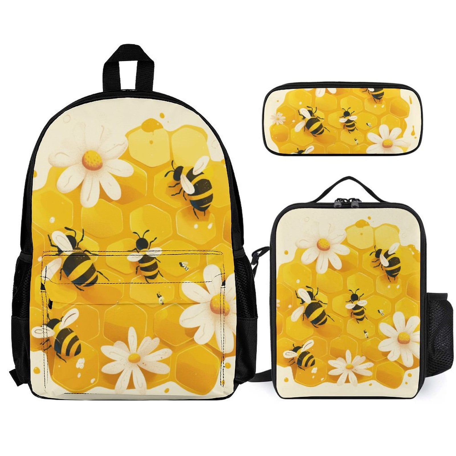 White Daisy And Bee Backpack 3pcs/set Backpack For Camping With Lunch ...