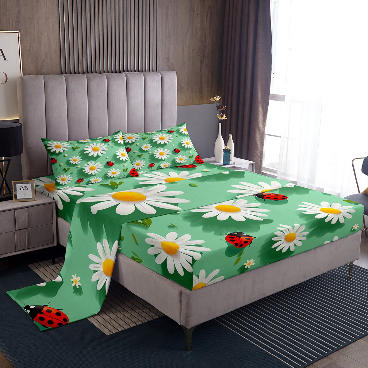 White Daisy Bed Sheets Set Ladybug Sheets,Rustic Flowers Sheet Set Twin ...