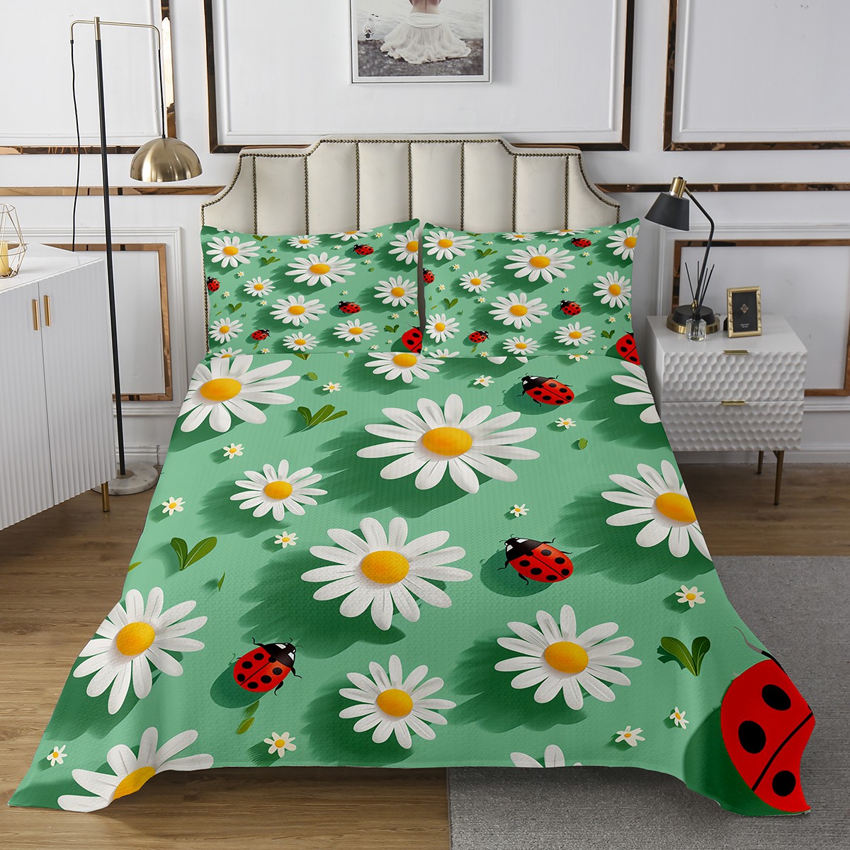 White Daisy Bedspread Set Ladybug Coverlet Set,Rustic Flowers Quilt Set ...