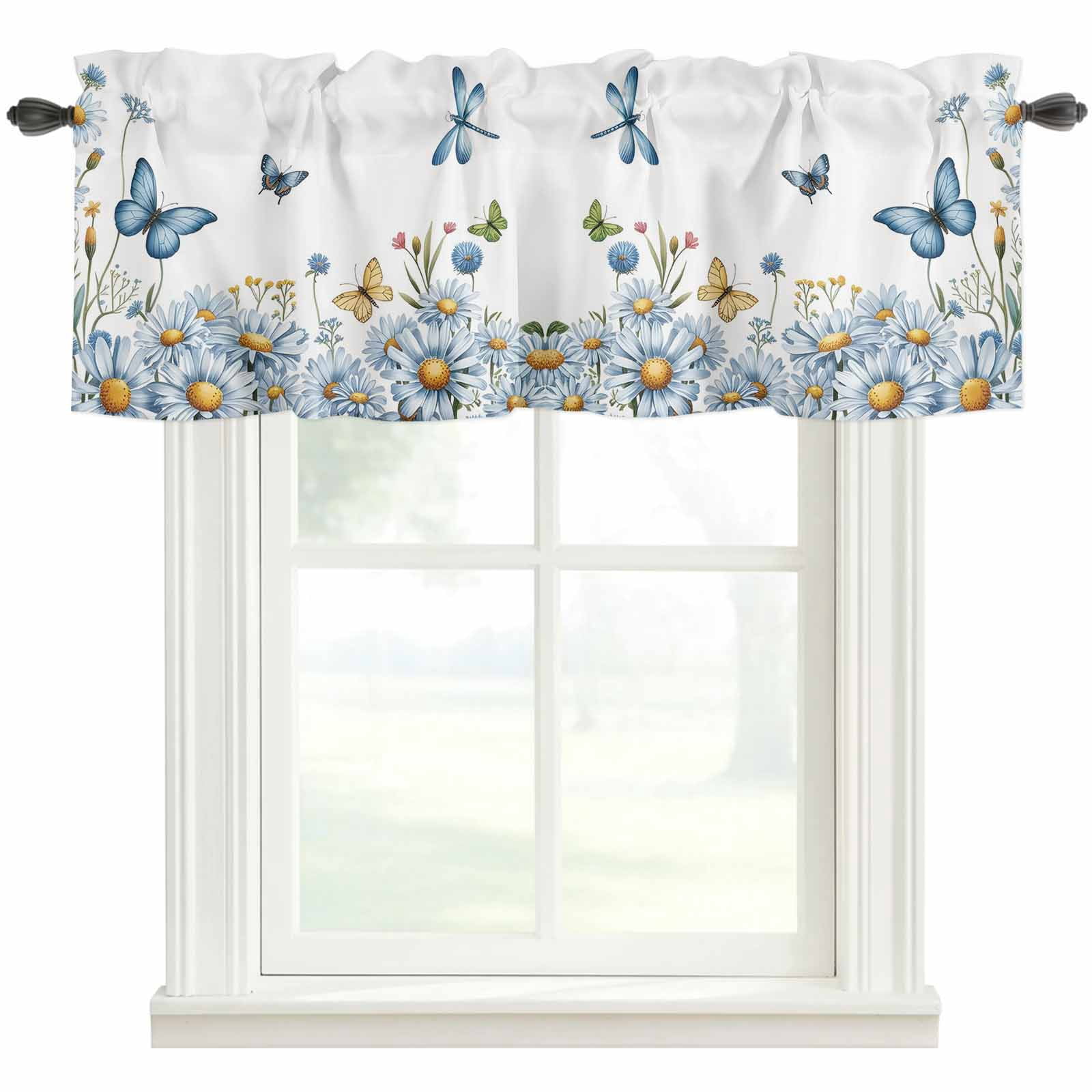 White Daisy Blossom Rod Pocket Curtain Valance, Spring Graden Floral ...