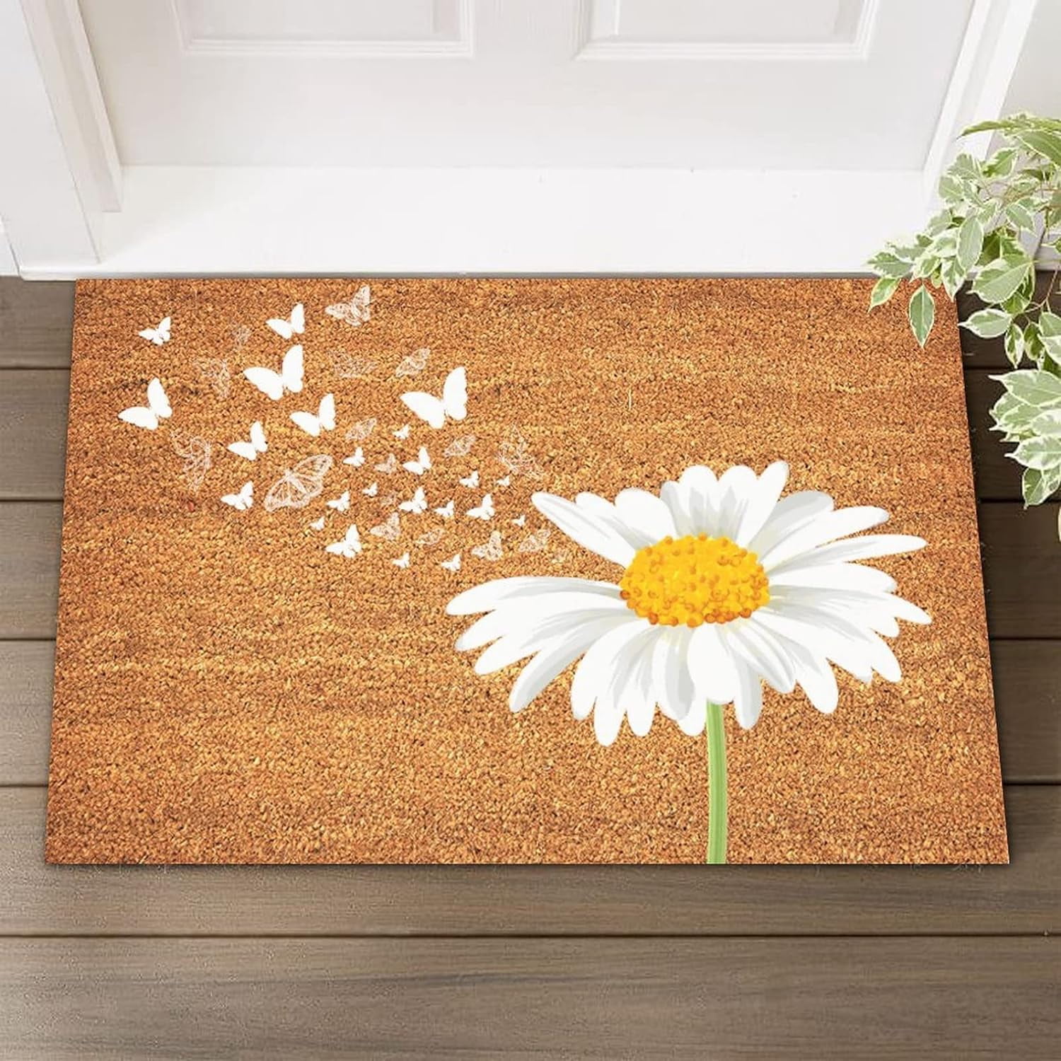 White Daisy and Butterfly Coir Doormat with Heavy Duty Backing Natural ...